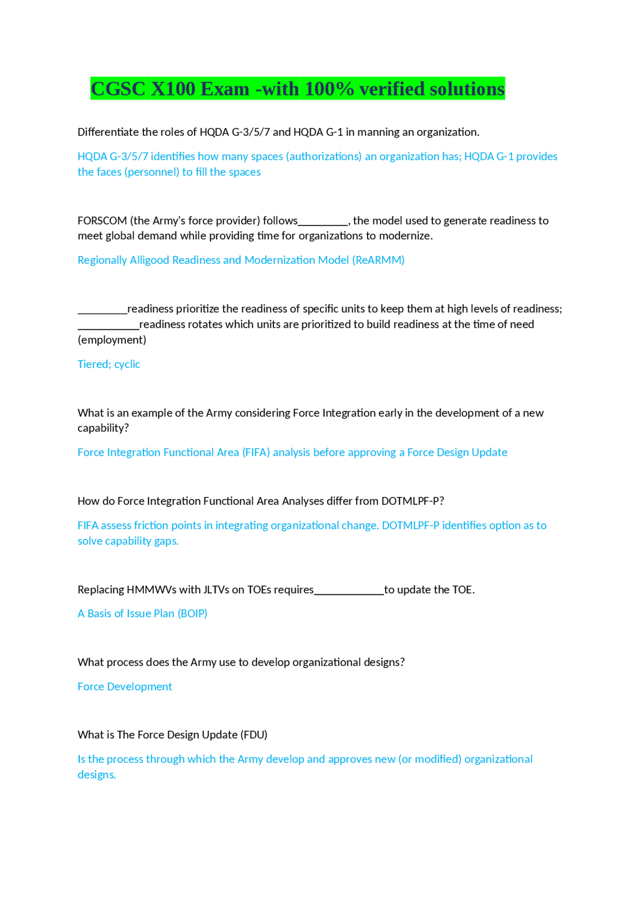 CGSC X100 Exam -with 100 verified solutions.docx | Exams Advanced ...