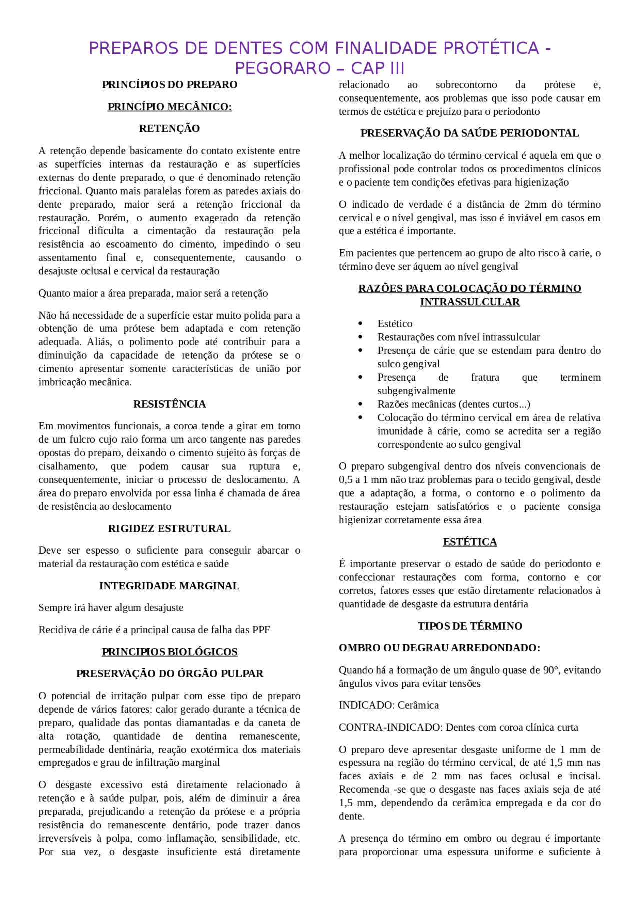 PRINCÍPIOS DO PREPARO EM PRÓTESE FIXA | Resumos Odontologia | Docsity