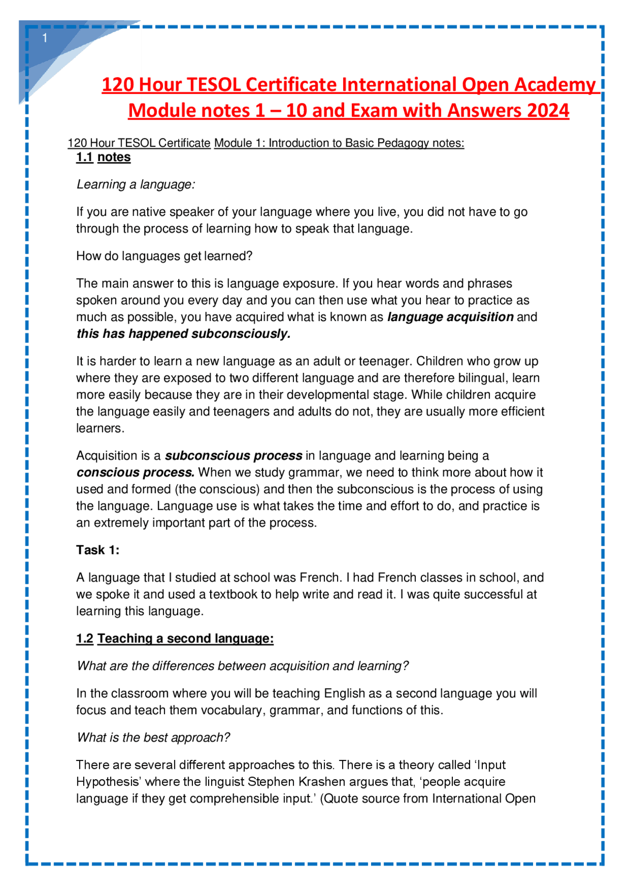 120 Hour TESOL Certificate International Open Academy Module notes 1 ...