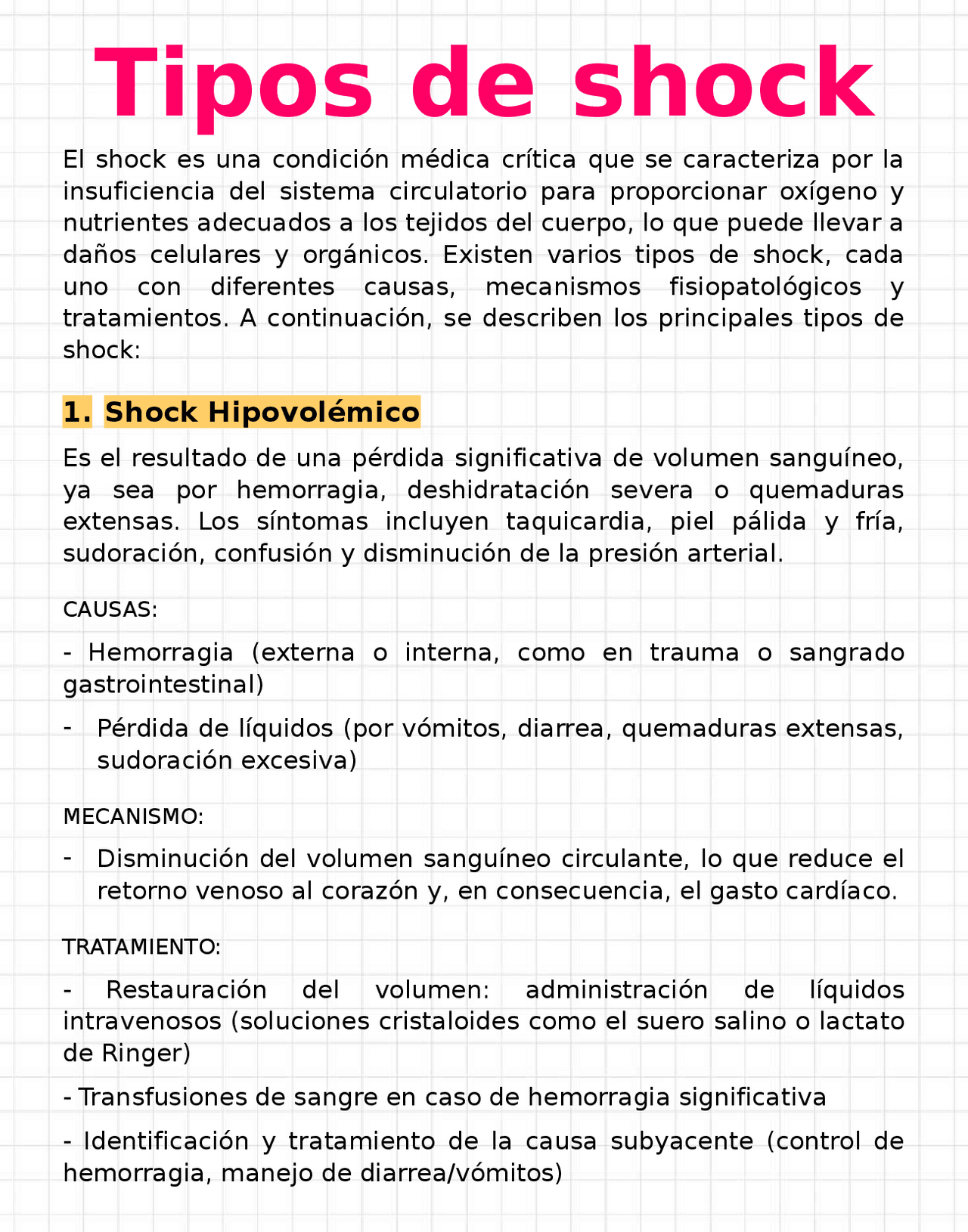PRINCIPALES TIPOS DE SHOCK | Apuntes de Medicina | Docsity