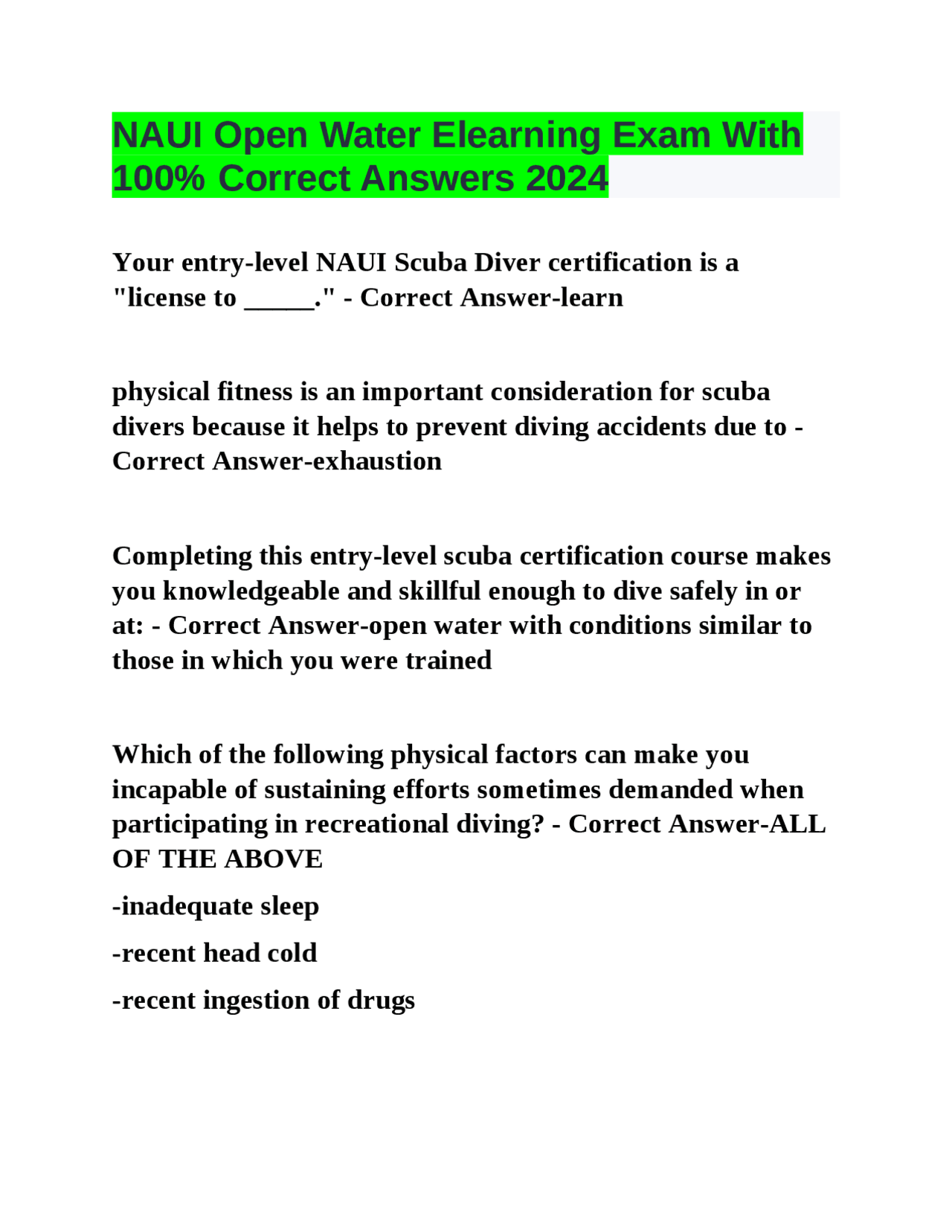 NAUI Open Water Elearning Exam With 100% Correct Answers 2024 | Exams ...