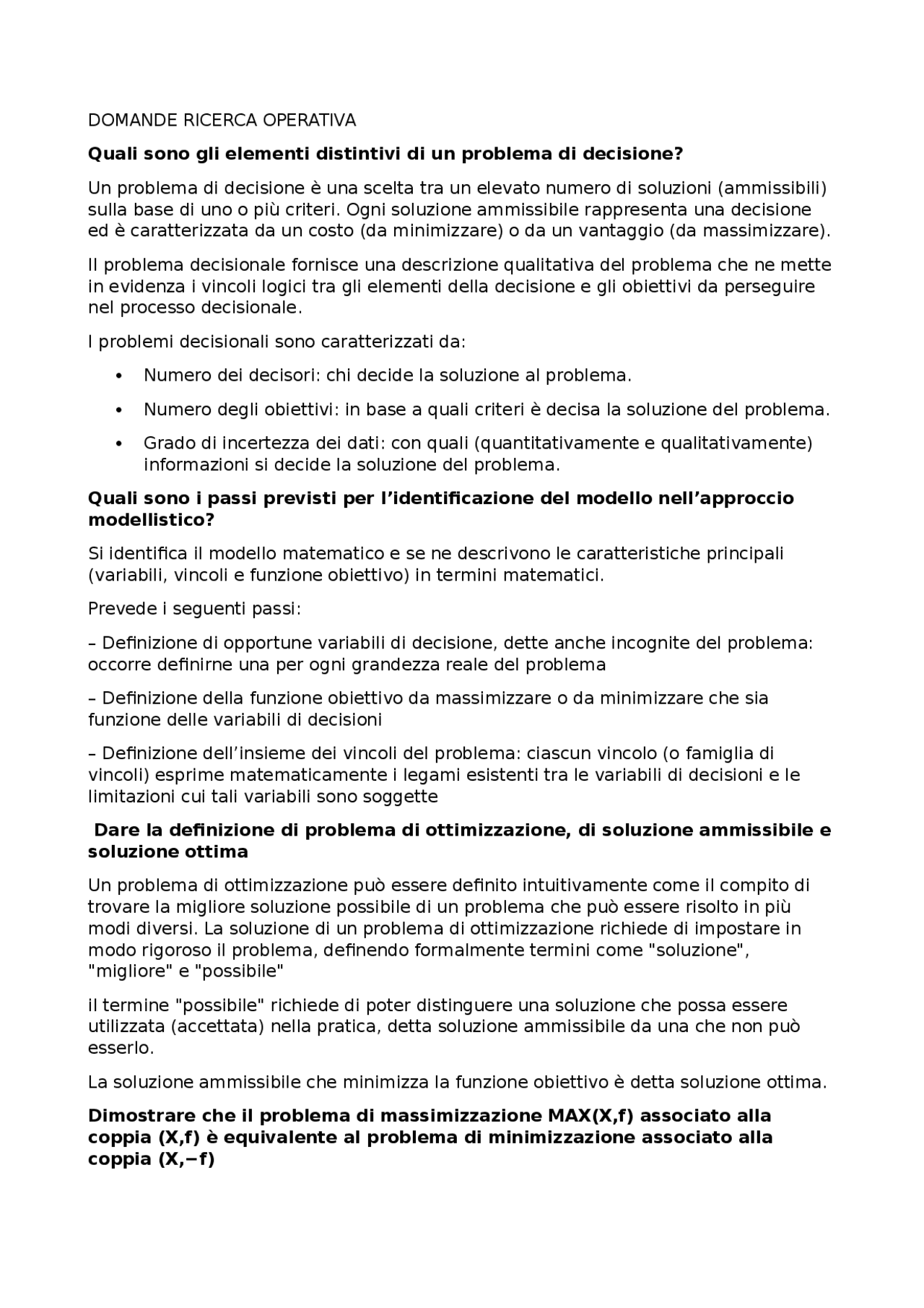 domande ricerca operativa 2024 | Esercizi di Ricerca Operativa | Docsity