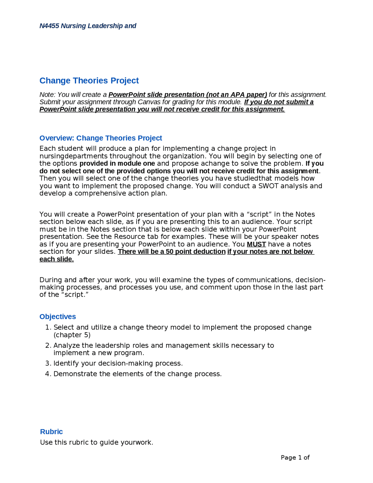NURS 4445 Change Theories Project (University of Texas Arlington ...
