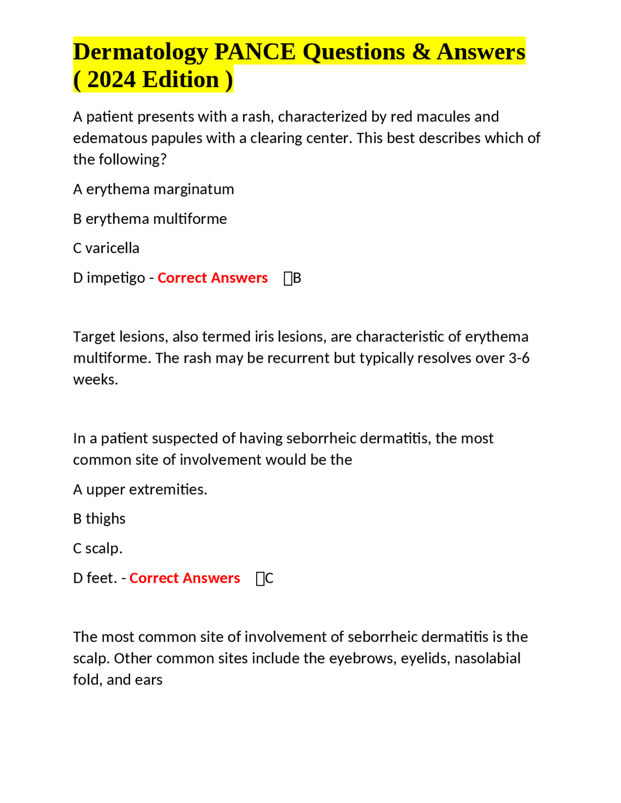 Dermatology PANCE Questions & Answers ( 2024 Edition ) | Exams Nursing ...