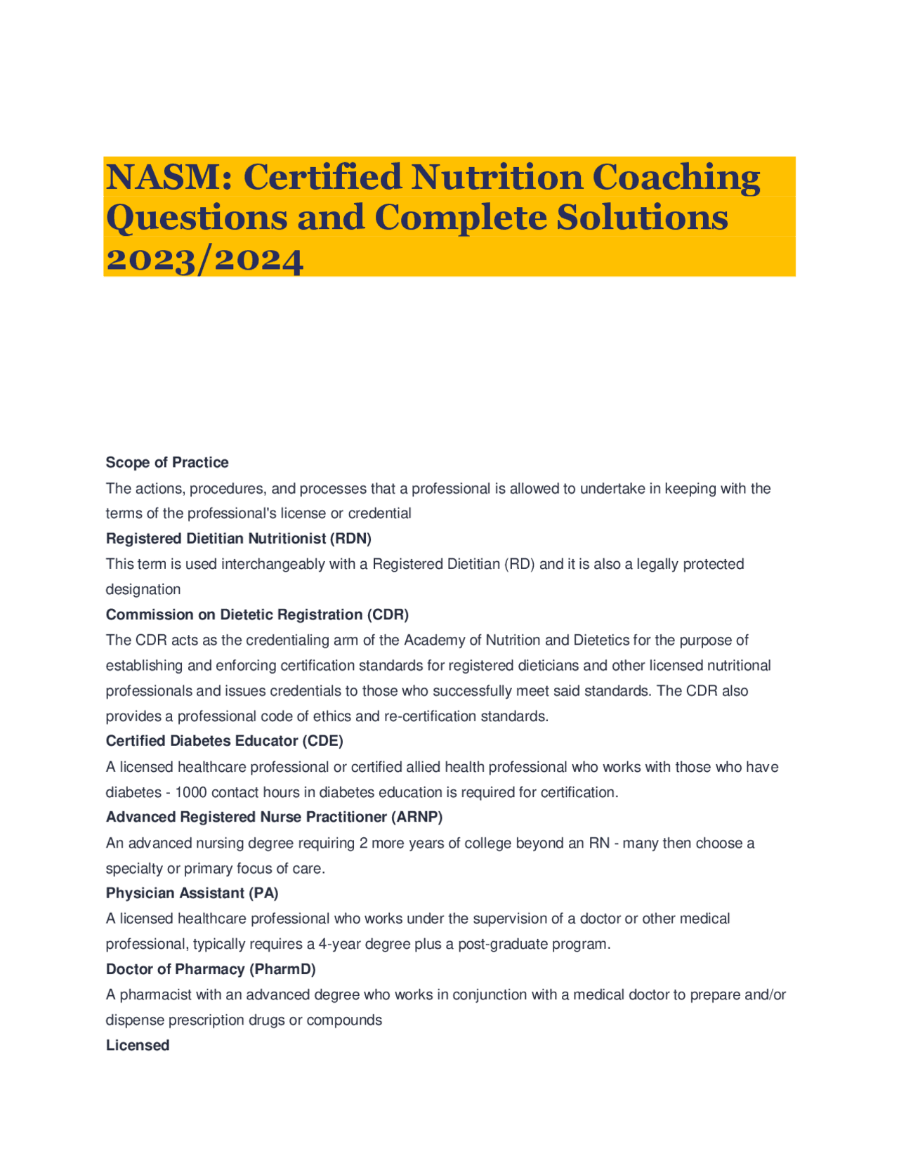 NASM: Certified Nutrition Coaching Questions and Complete Solutions ...