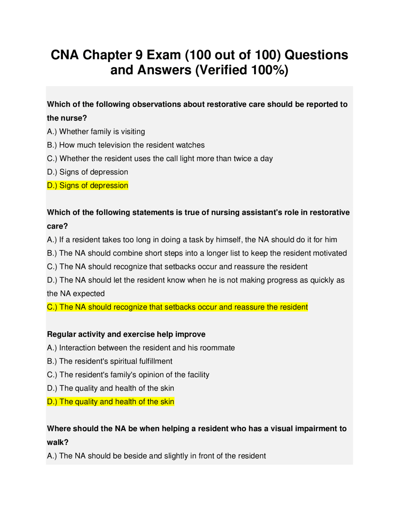 CNA Chapter 9 Exam (100 out of 100) Questions and Answers (Verified 100 ...