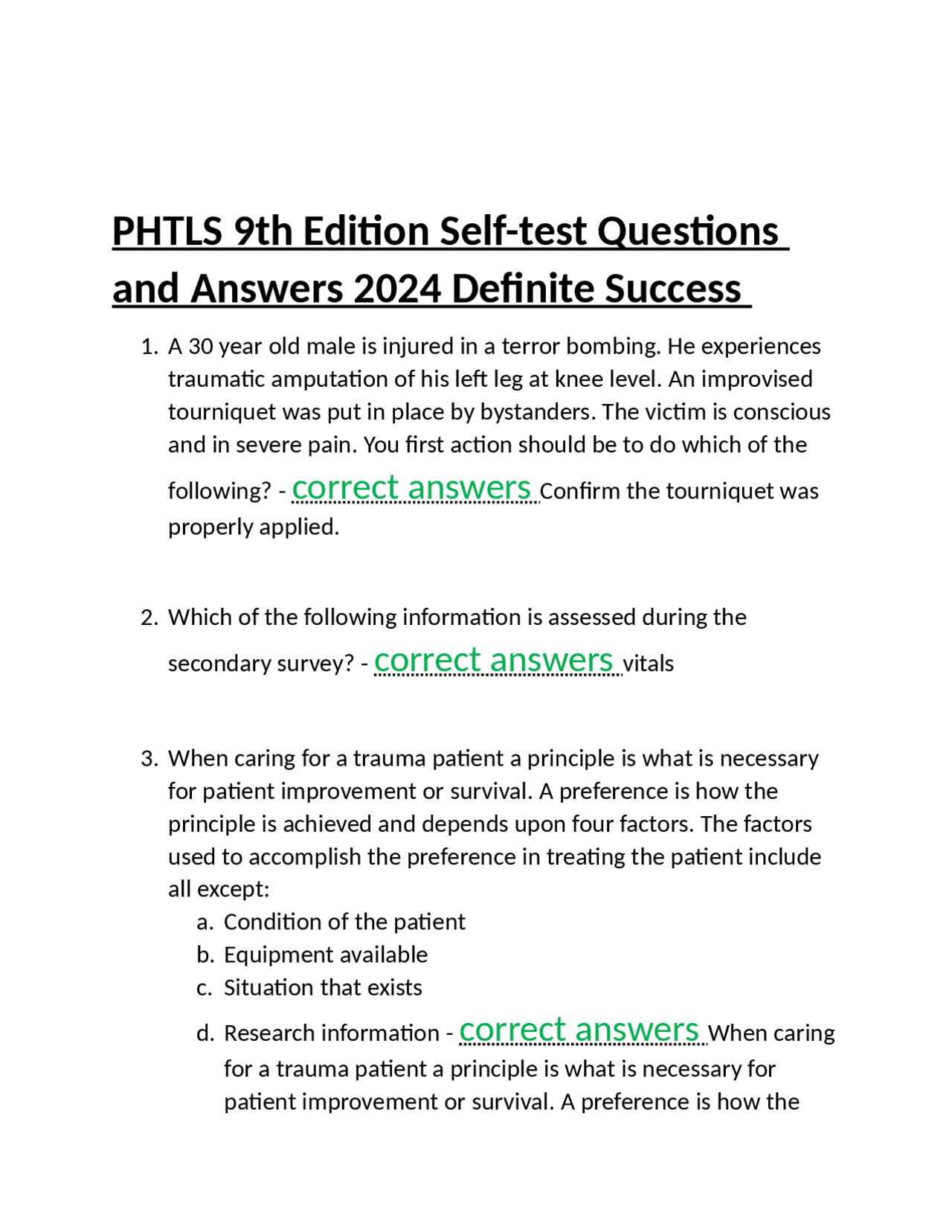 PHTLS 9th Edition Self-test Questions and Answers 2024 Definite Success ...