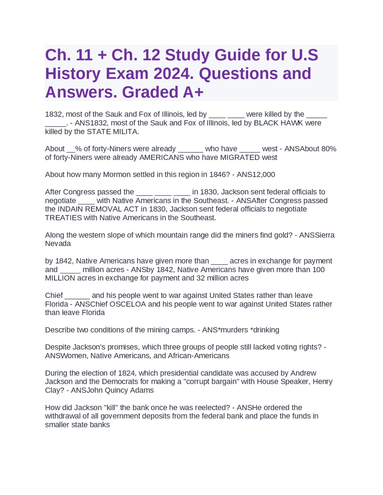 Ch. 11 + Ch. 12 Study Guide for U.S History Exam 2024. Questions and ...