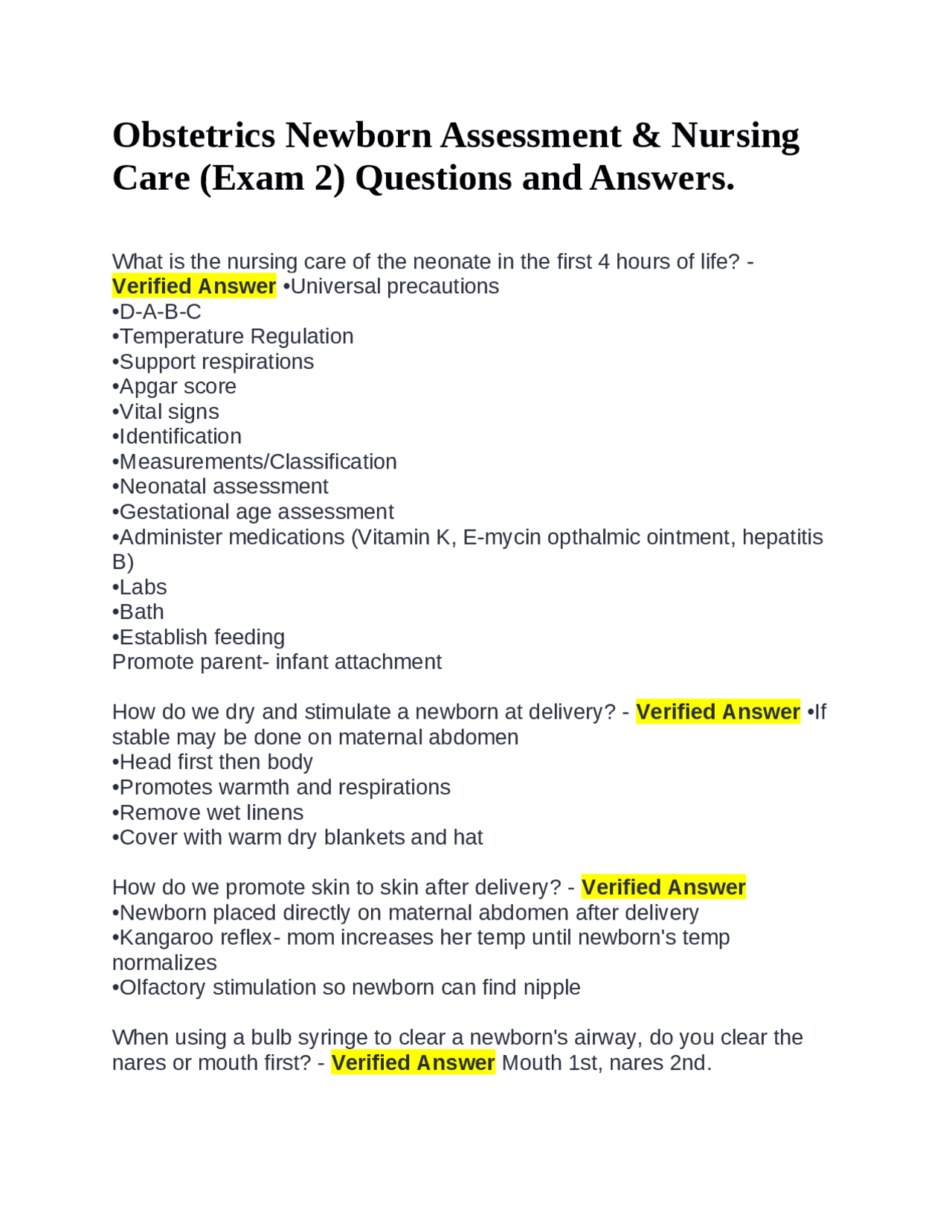 Obstetrics Newborn Assessment & Nursing Care (Exam 2) Questions and ...