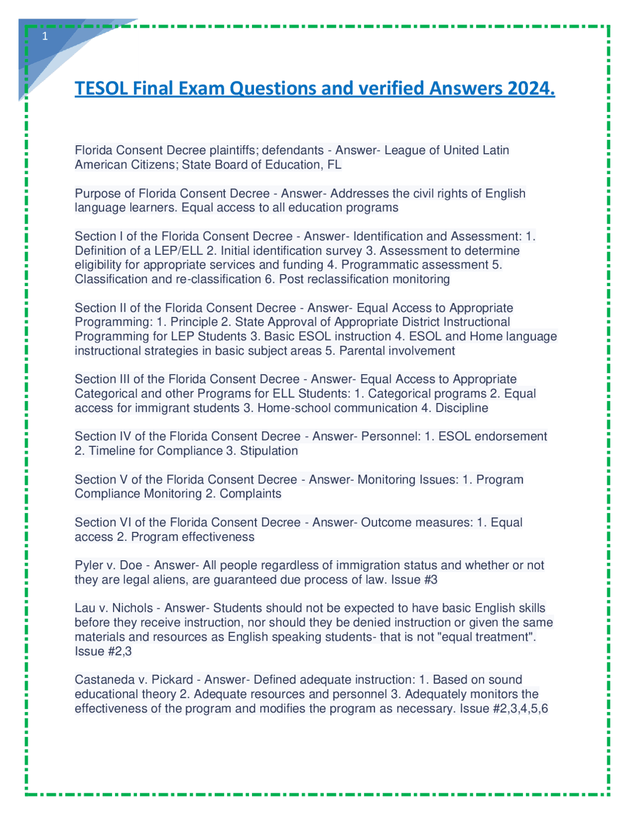 TESOL Final Exam Questions and verified Answers 2024. | Exams English ...