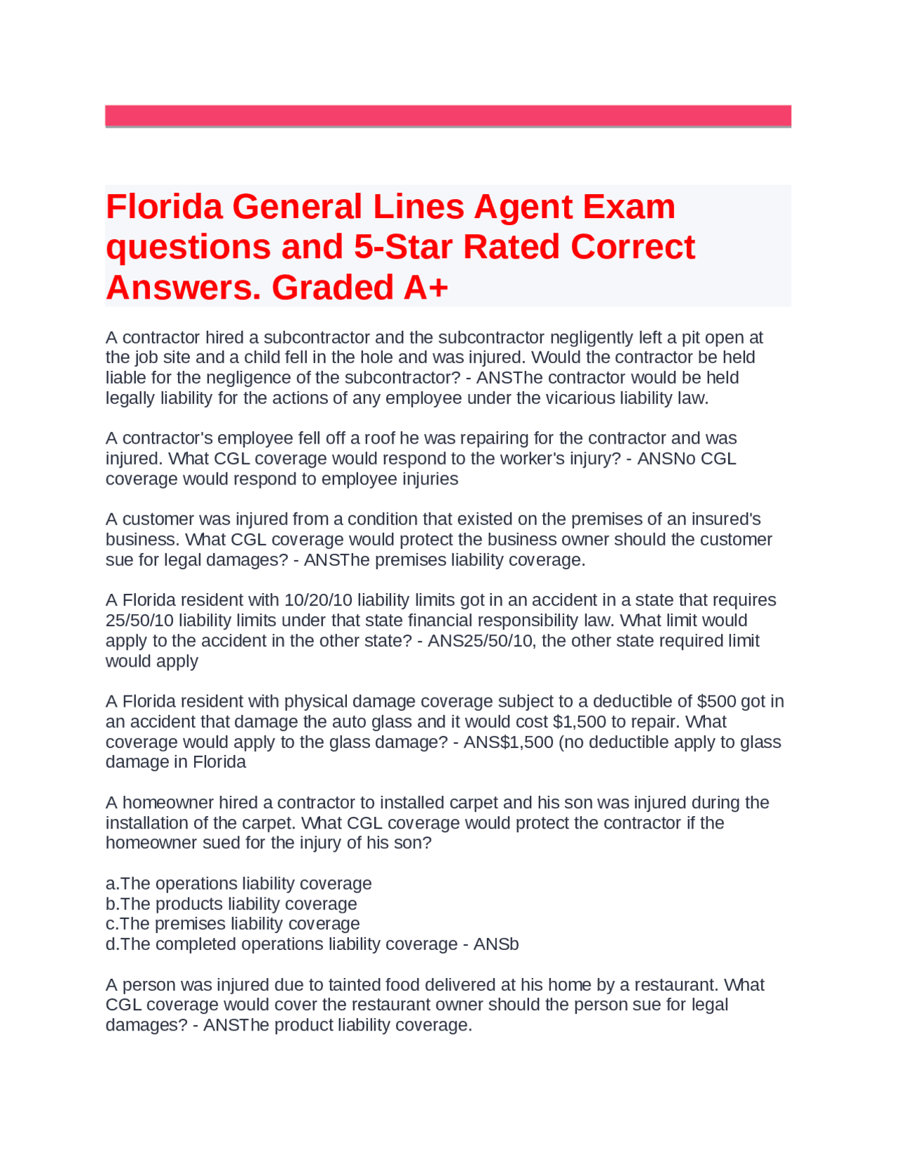 Florida General Lines Agent Exam questions and 5-Star Rated Correct ...