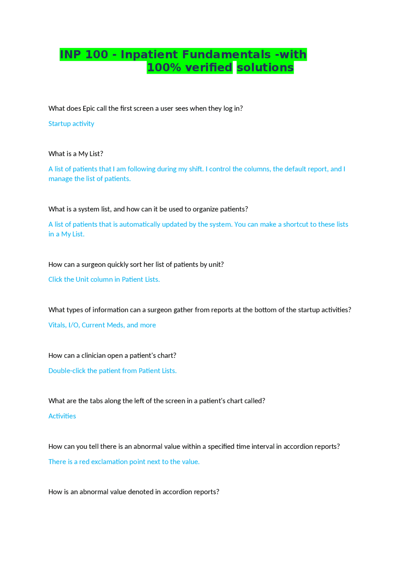 INP 100 - Inpatient Fundamentals -with 100 verified solutions.docx ...