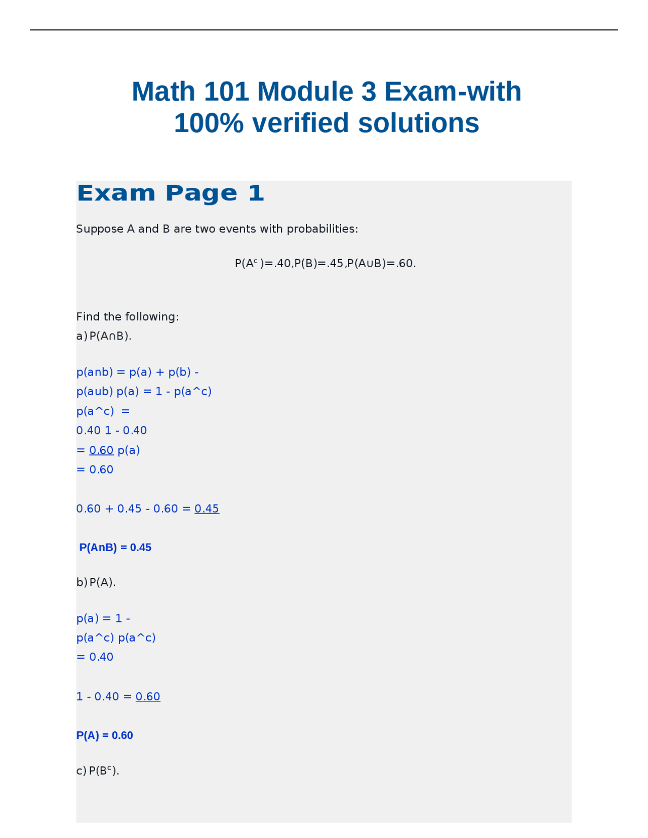 Math 101 Module 3 Exam-with 100 verified solutions.docx | Exams ...