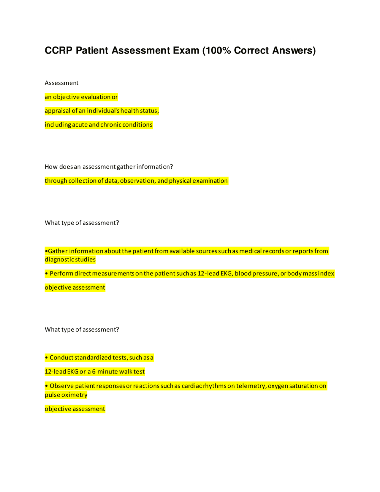 CCRP Patient Assessment Exam (100% Correct Answers) | Exams Nursing ...
