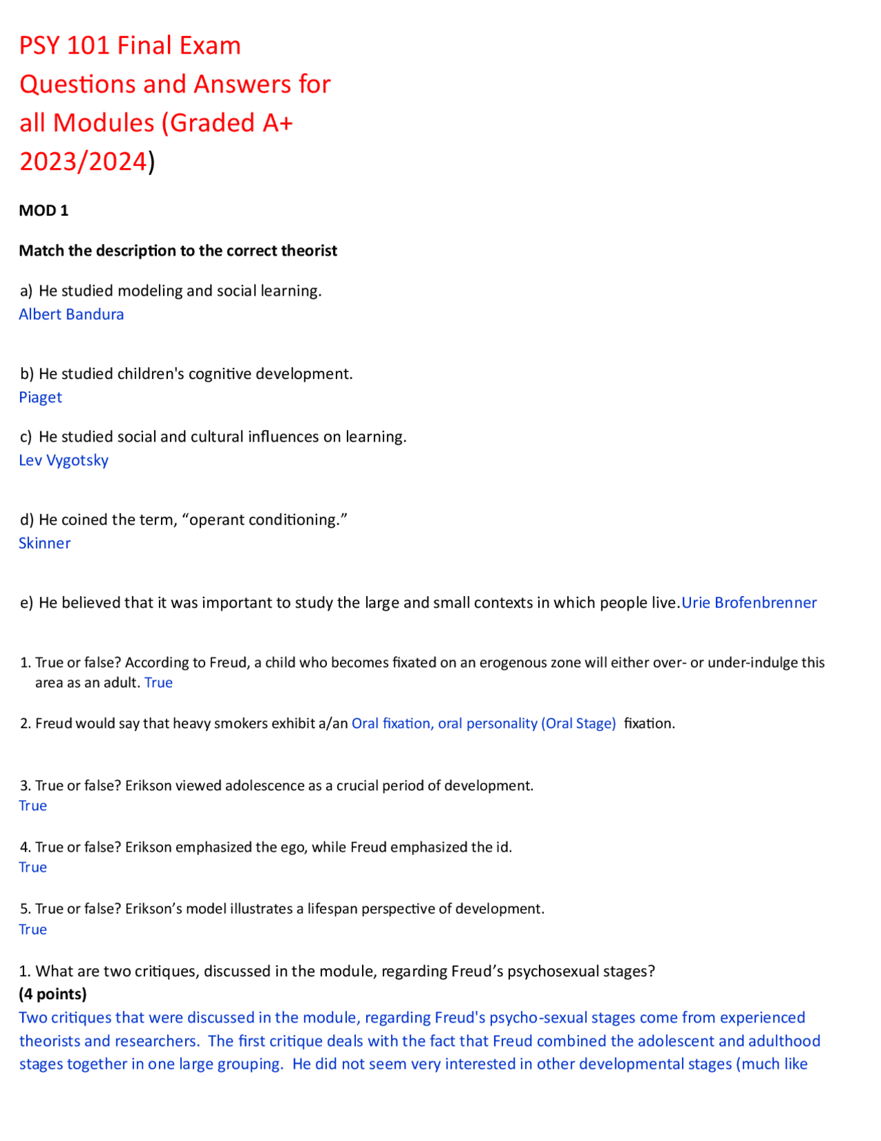 PSY 101 Final Exam Questions and Answers for all Modules (Graded A+ 2023/2024) | Exams Nursing ...