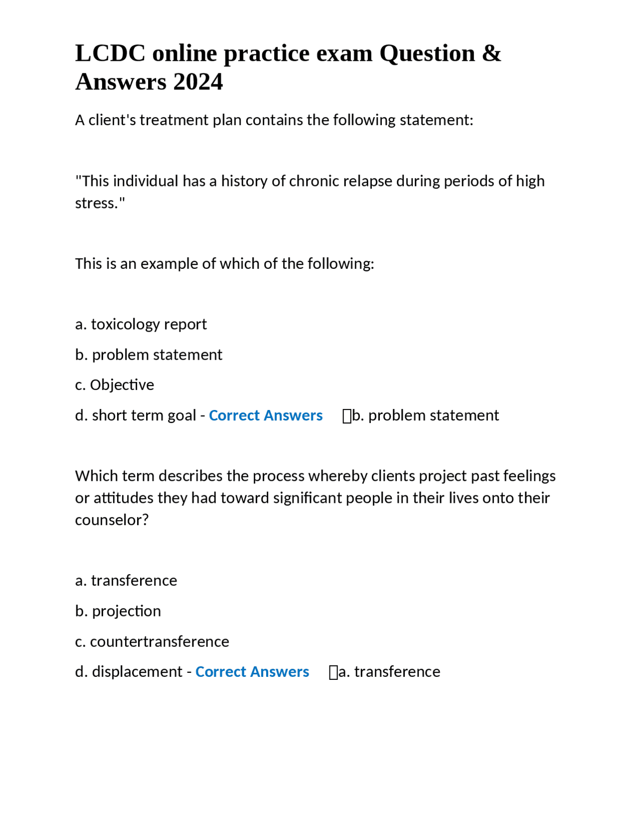 LCDC online practice exam Question & Answers 2024 | Exams Nursing | Docsity