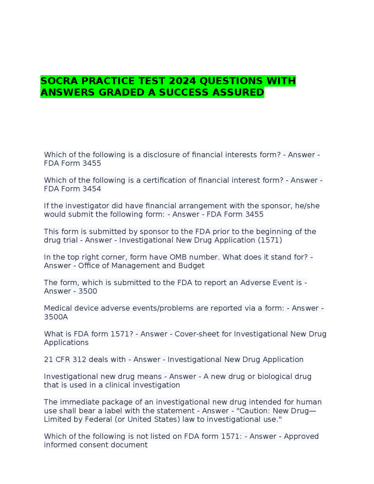 SOCRA PRACTICE TEST 2024 QUESTIONS WITH ANSWERS GRADED A SUCCESS ...