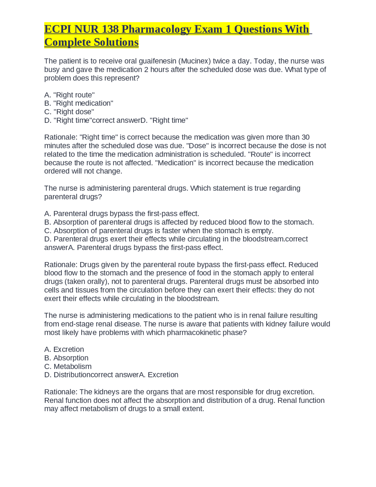 ECPI NUR 138 Pharmacology Exam 1 Questions With Complete Solutions ...