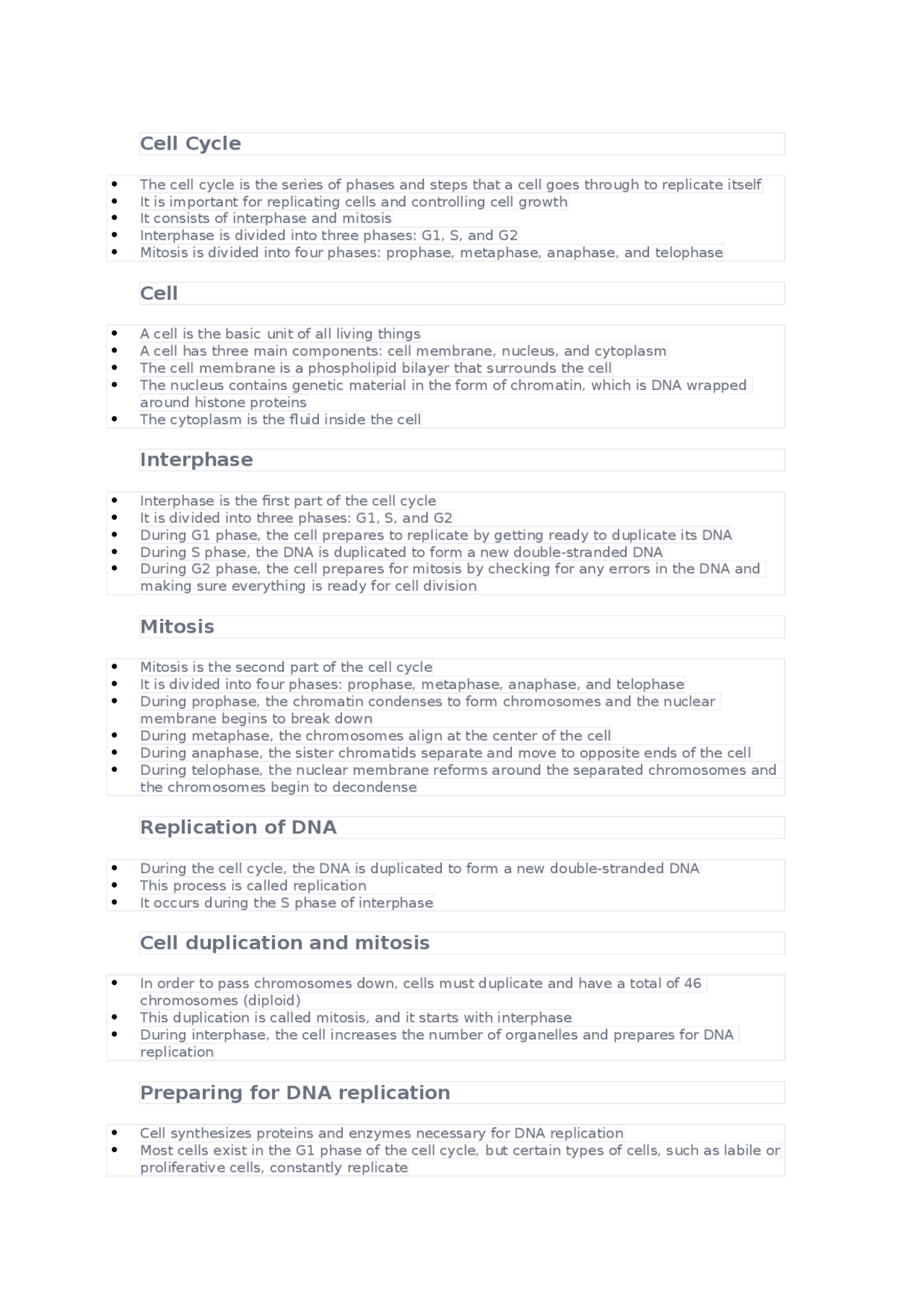 CELL CYCLE - Interphase and Mitosis | Study notes Biotechnology | Docsity