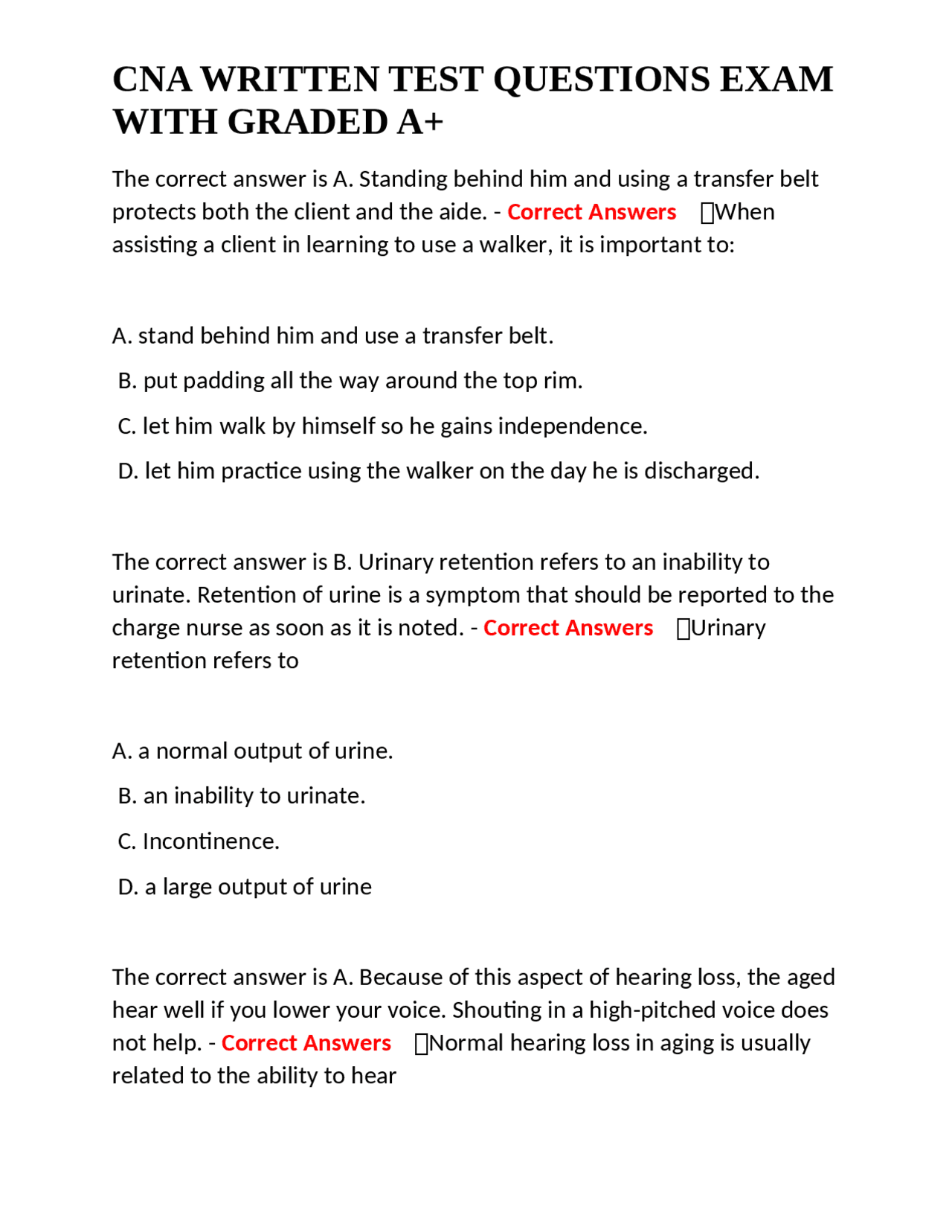 CNA Written Test Questions and Answers | Exams Nursing | Docsity