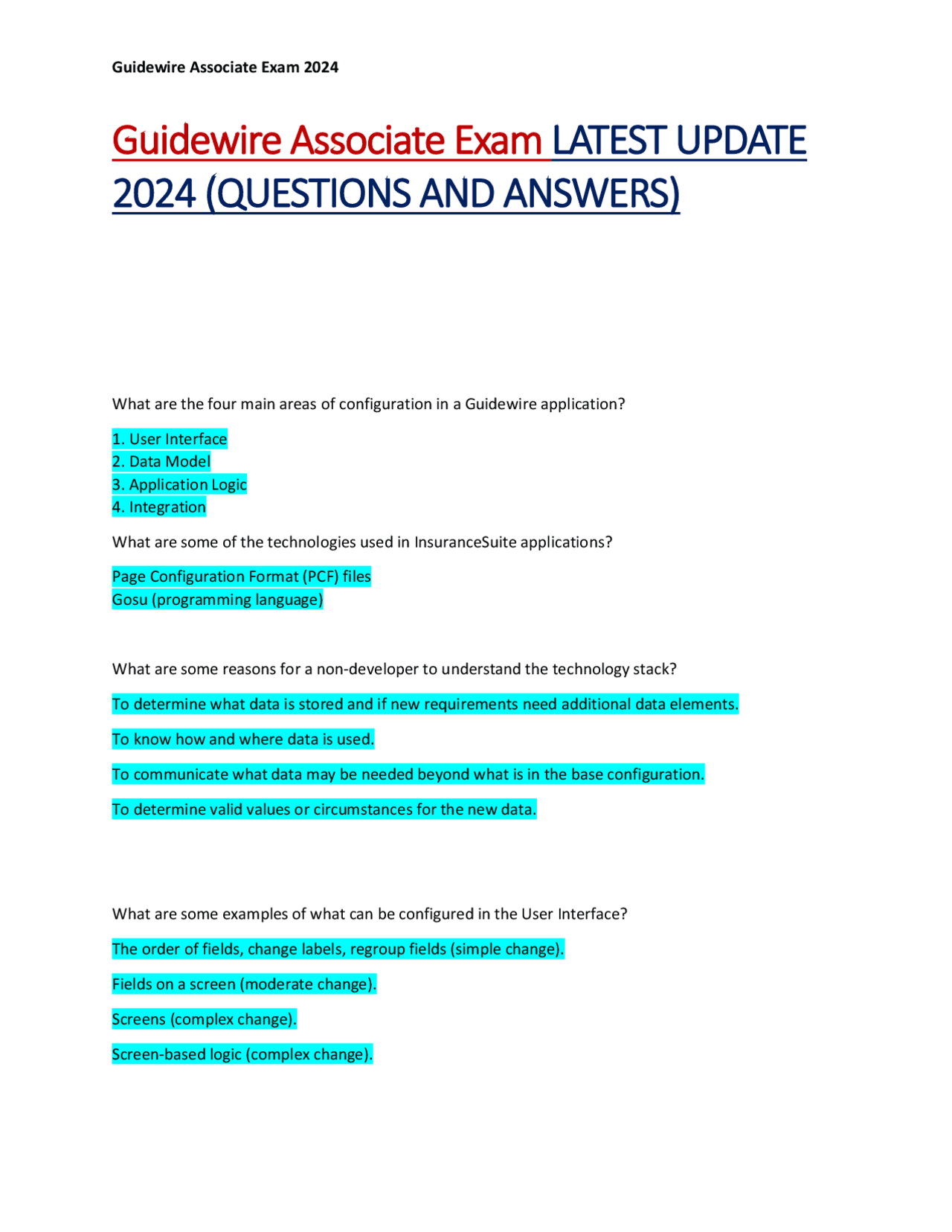 Guidewire Associate Exam Latest Update 2024 Questions And Answers