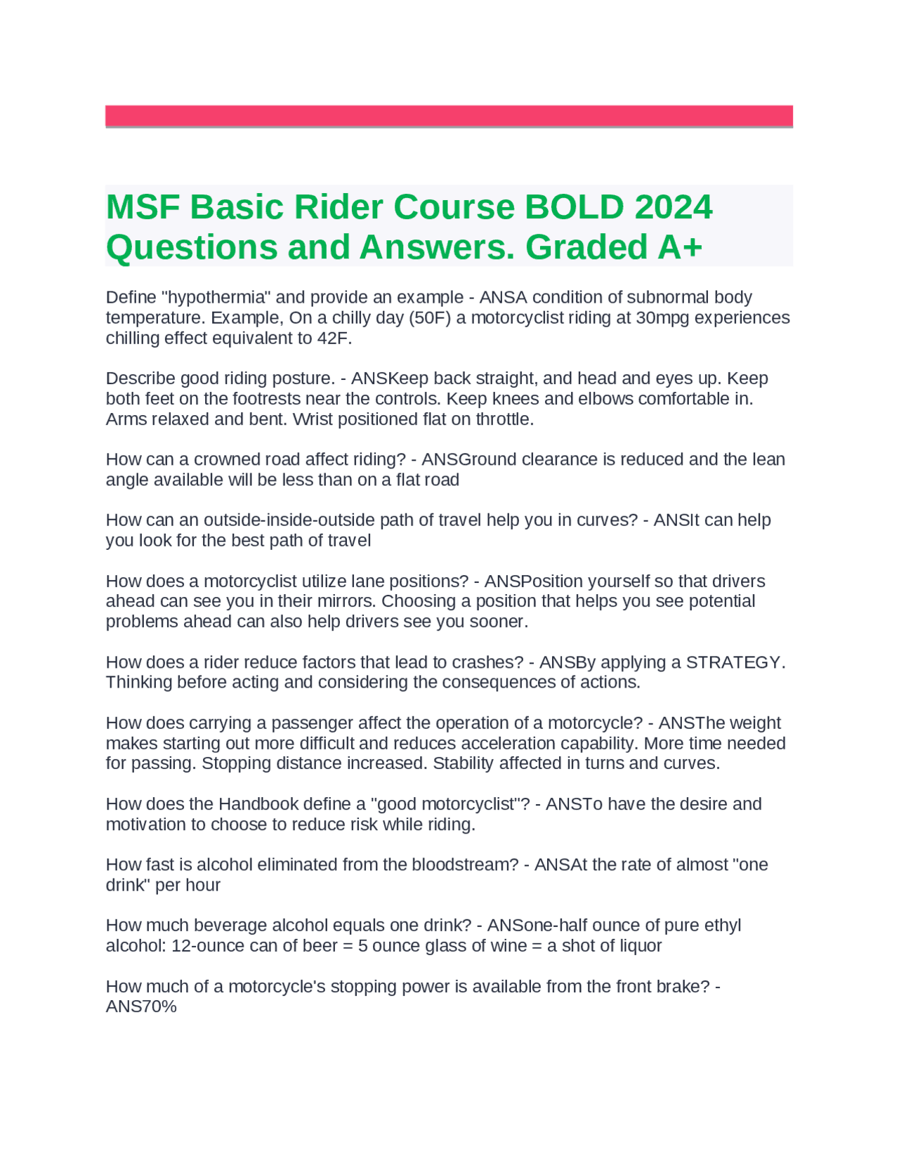 MSF Basic Rider Course BOLD 2024 Questions and Answers. Graded A+ ...