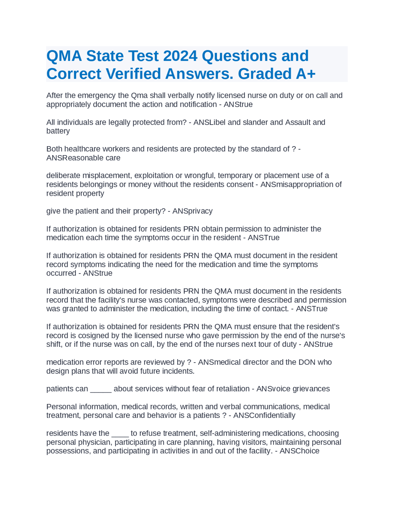 QMA State Test 2024 Questions and Correct Verified Answers. Graded A+ ...