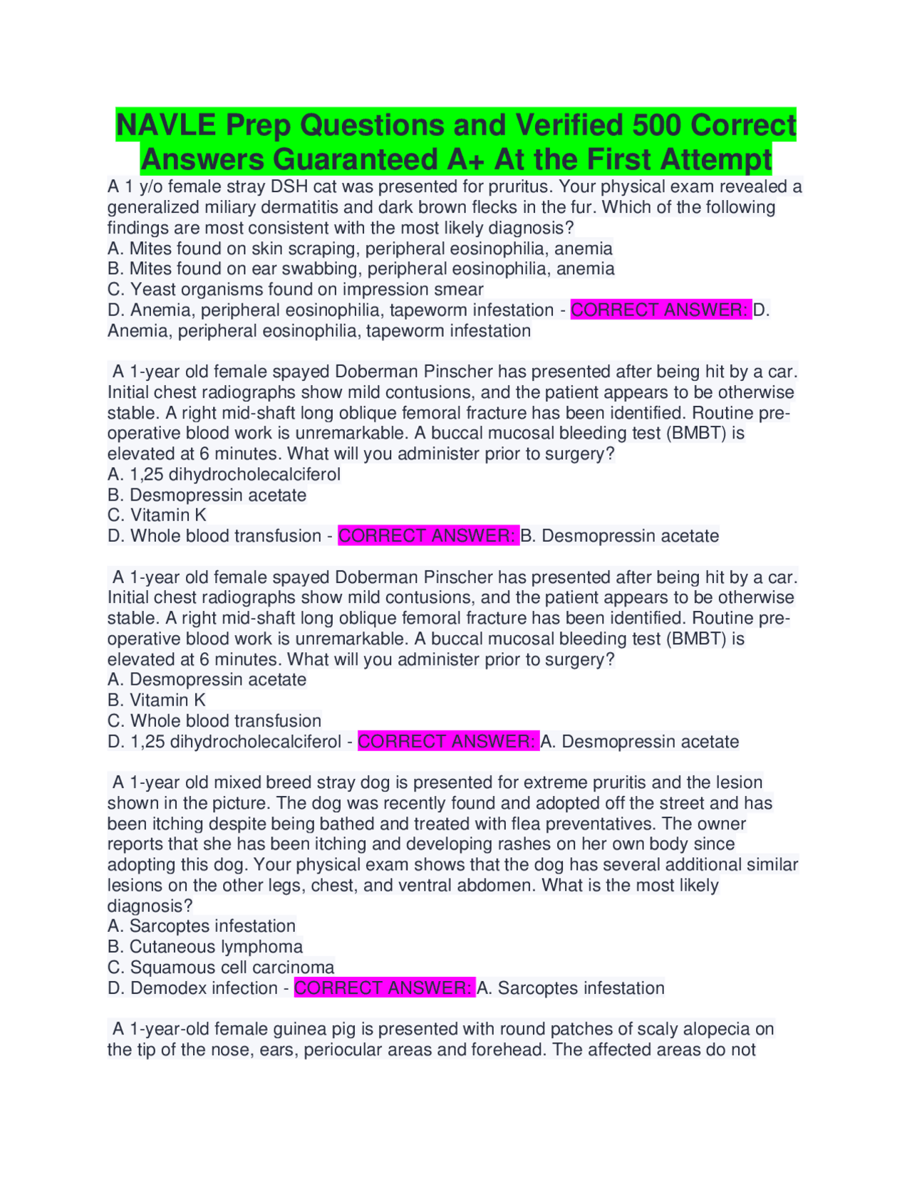 NAVLE Prep Questions and Verified 500 Correct Answers Guaranteed A+ At ...