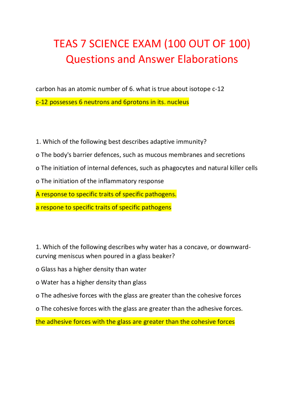 TEAS 7 SCIENCE EXAM (100 OUT OF 100) Questions and Answer Elaborations ...