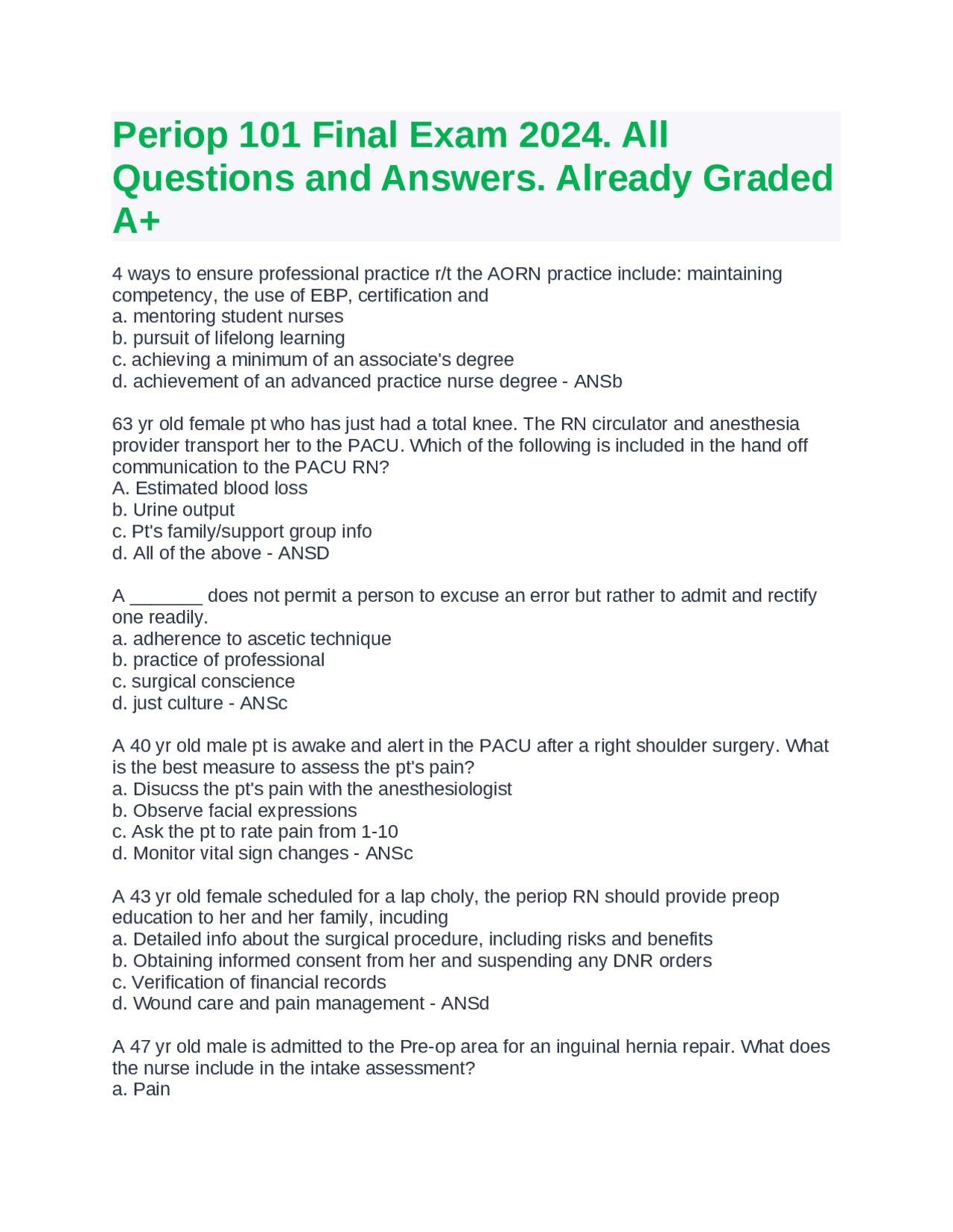 Perioperative Nursing Best Practices | Exams Nursing | Docsity