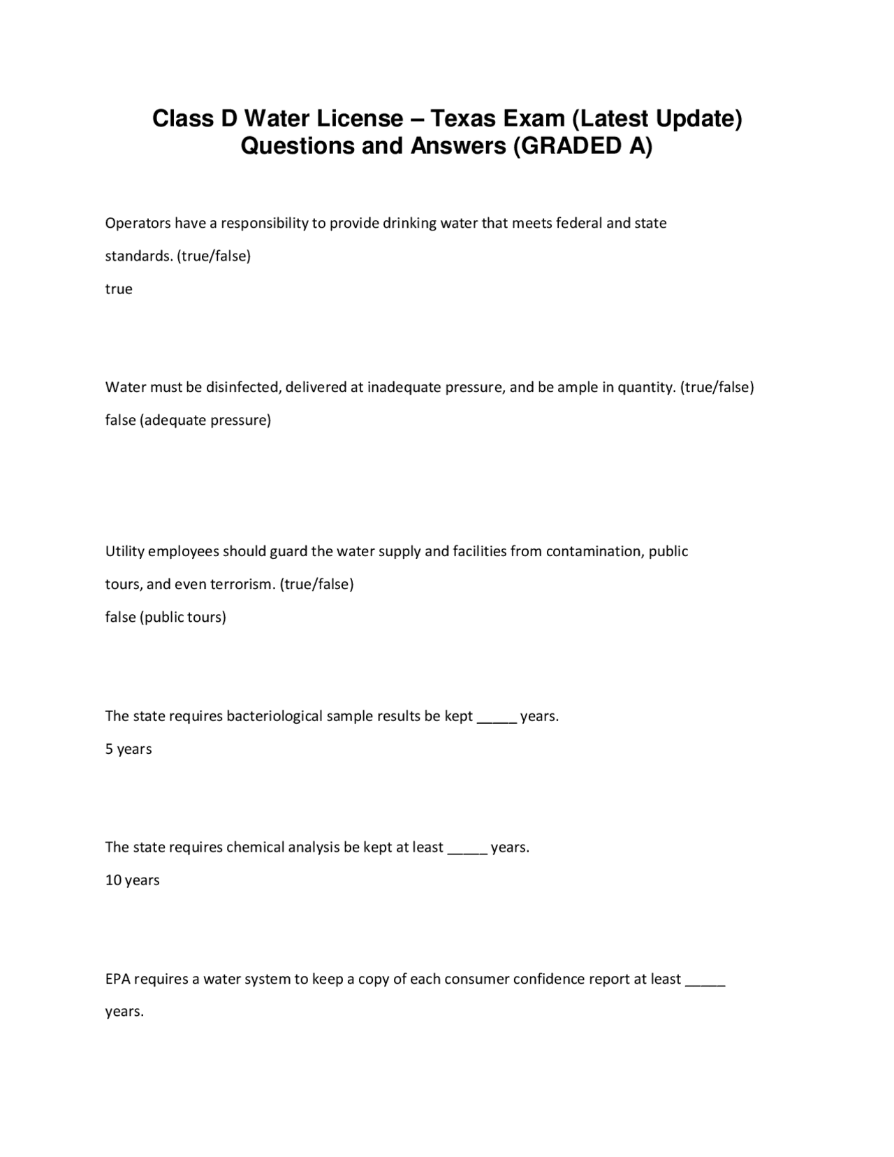 Class D Water License – Texas Exam (Latest Update) Questions and ...