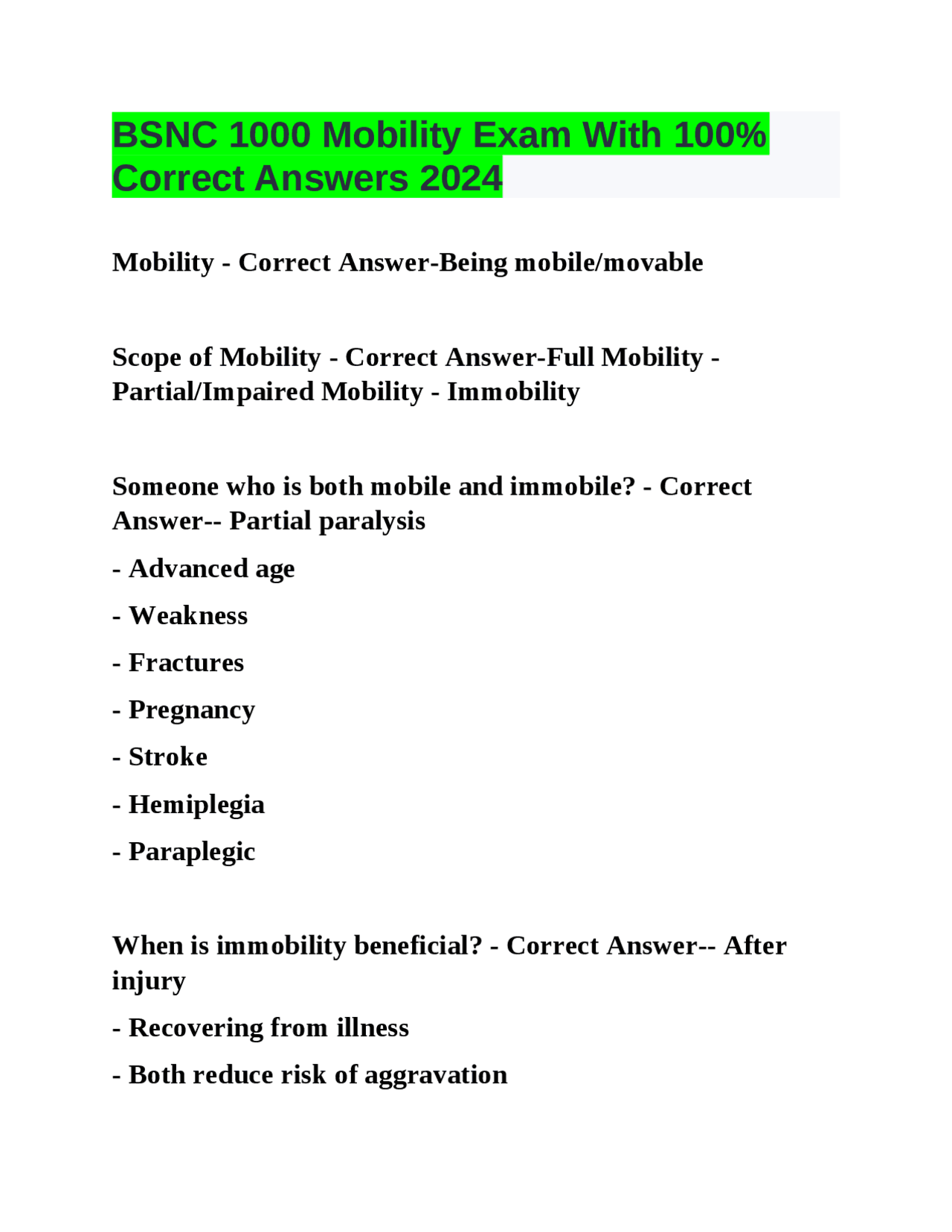 BSNC 1000 Mobility Exam With 100% Correct Answers 2024 | Exams Advanced ...