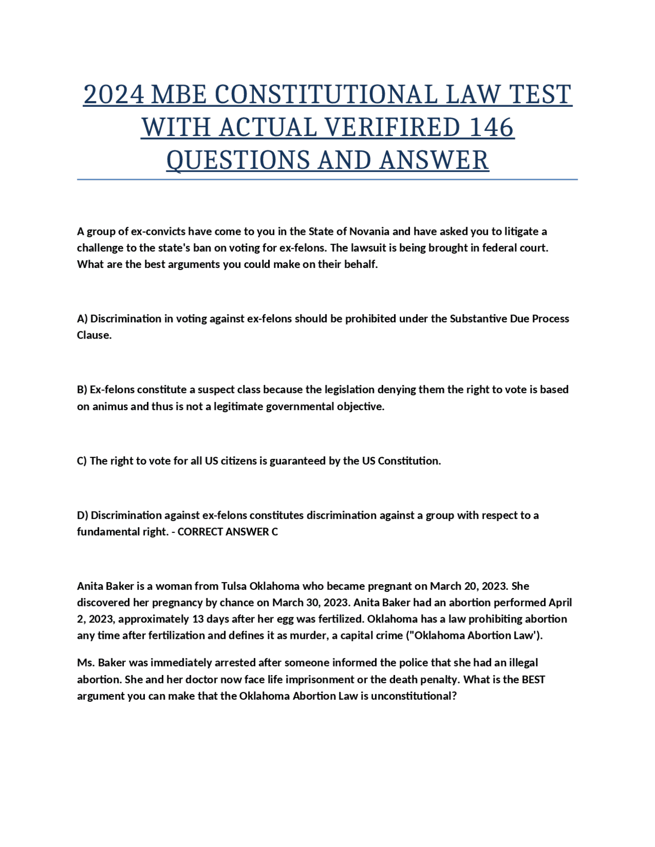 2024 MBE CONSTITUTIONAL LAW TEST WITH ACTUAL VERIFIRED 146 QUESTIONS ...