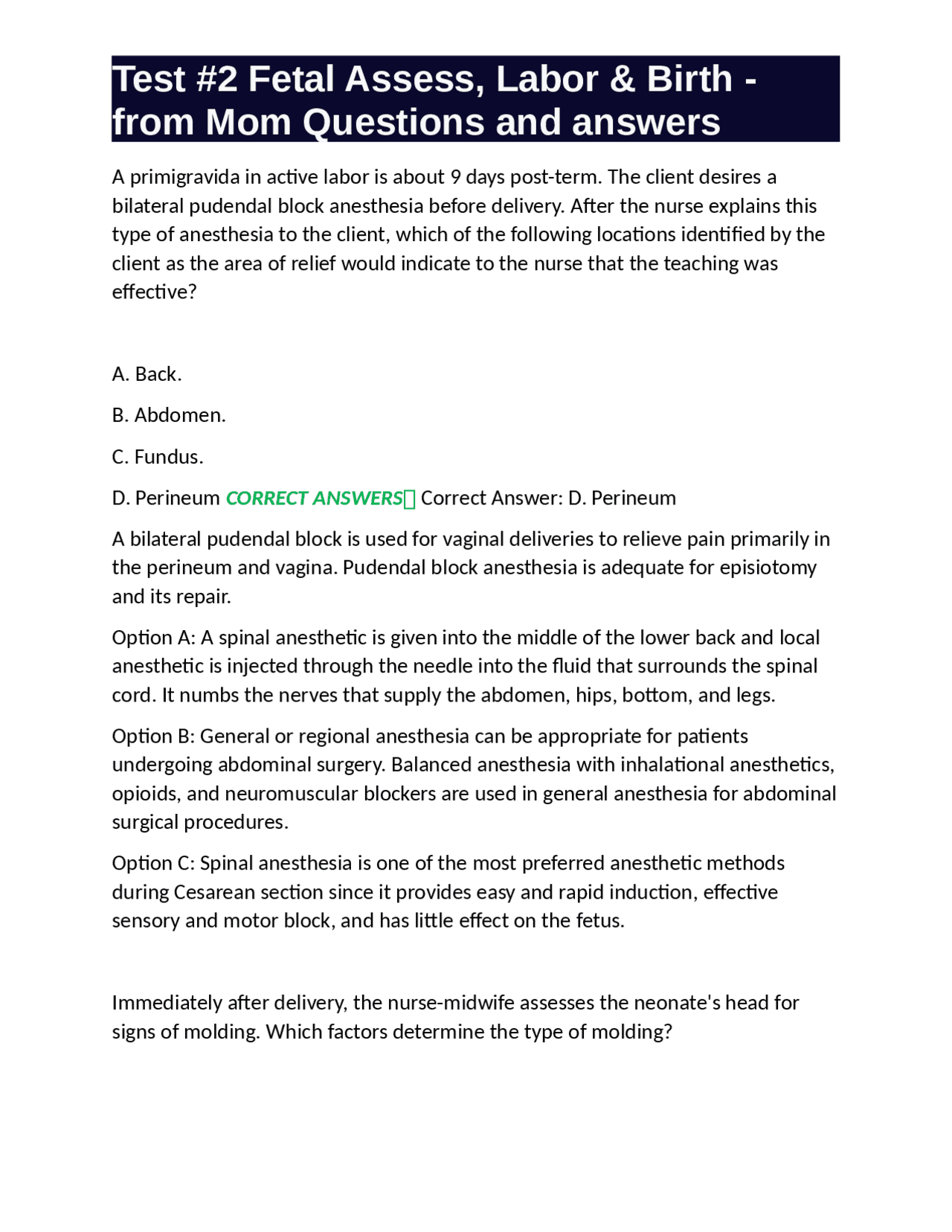 Test #2 Fetal Assess, Labor & Birth - from Mom Questions and answers ...