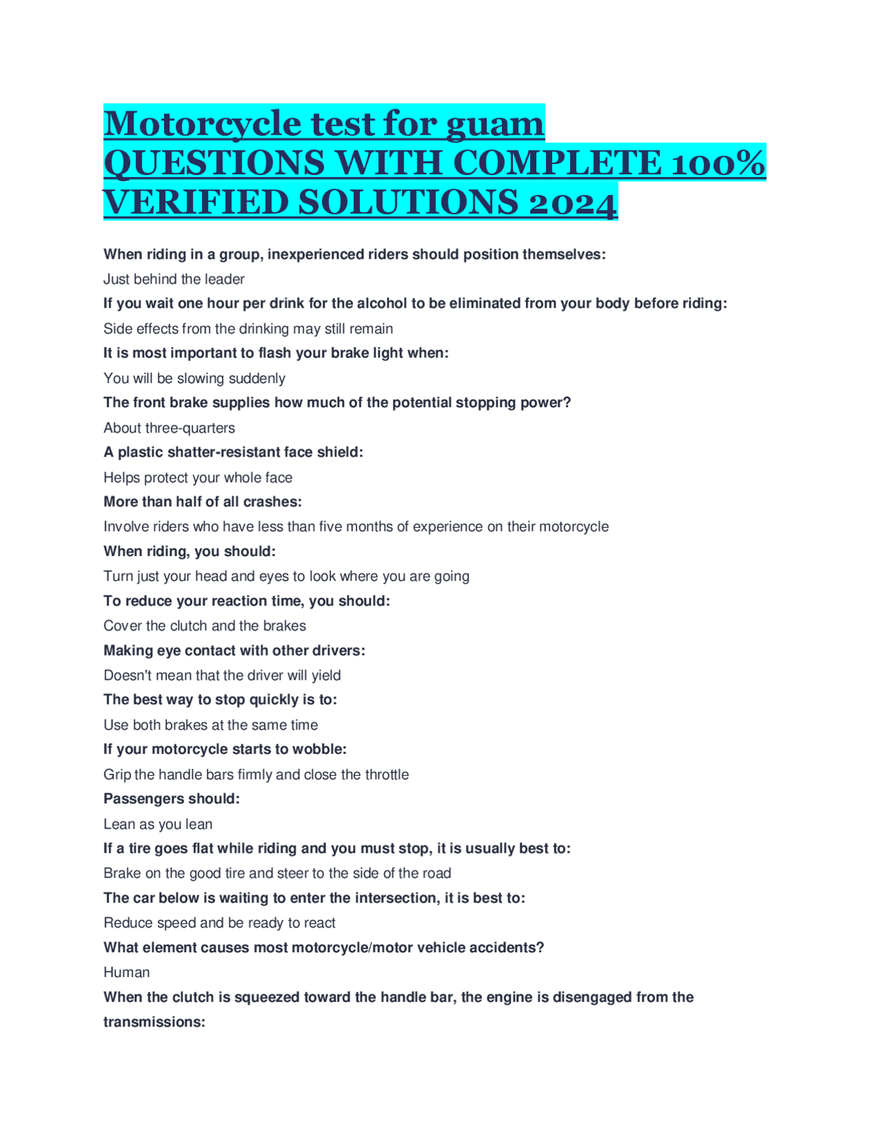 Motorcycle test for guam QUESTIONS WITH COMPLETE 100% VERIFIED ...