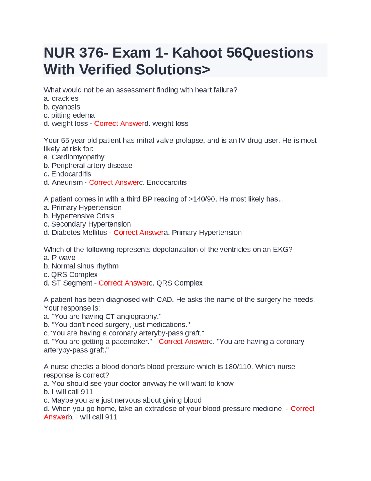 Kahoot Exam Questions and Answers for Heart Failure and Cardiovascular ...