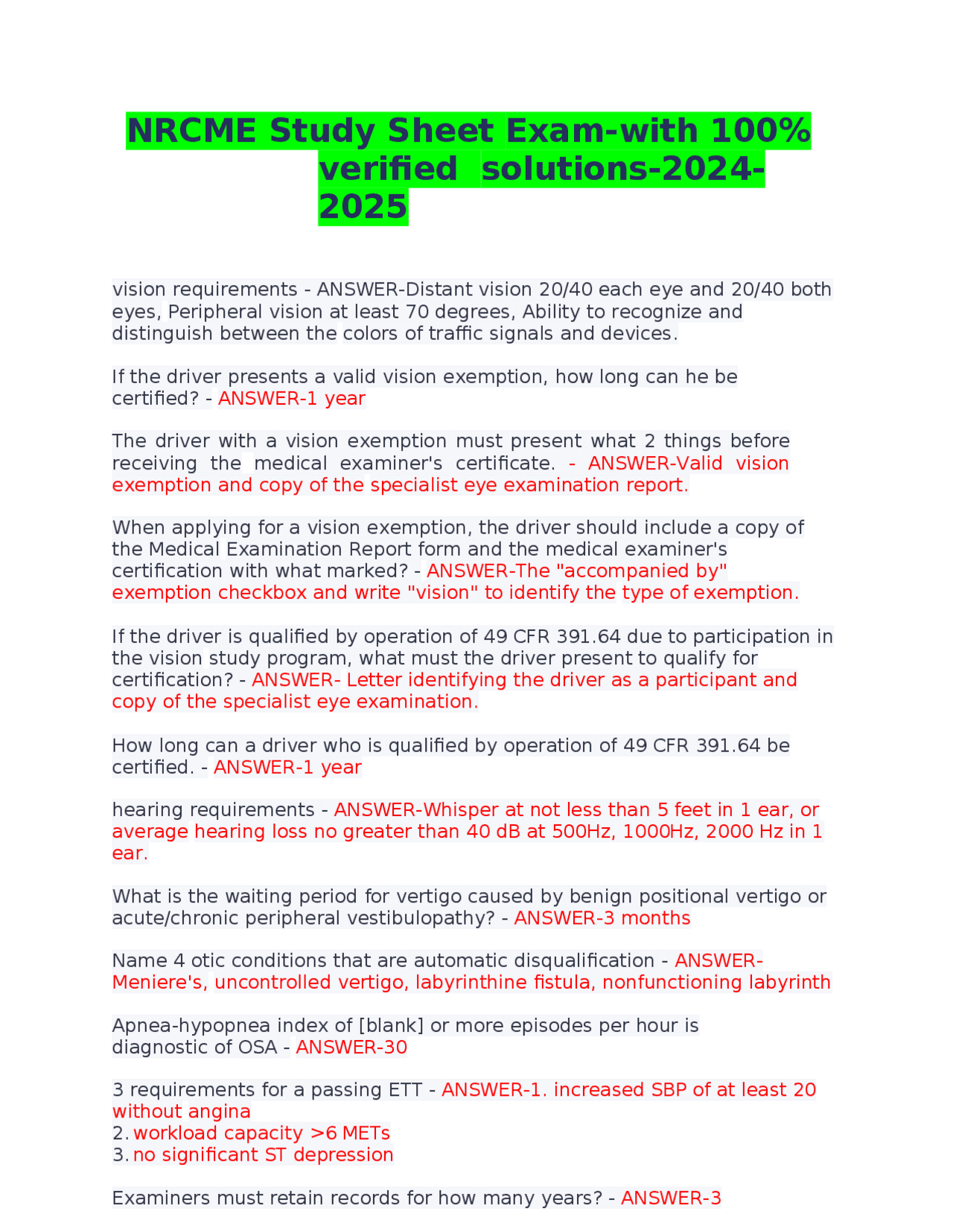 NRCME Study Sheet Exam-with 100% verified solutions-2024-2025.docx ...