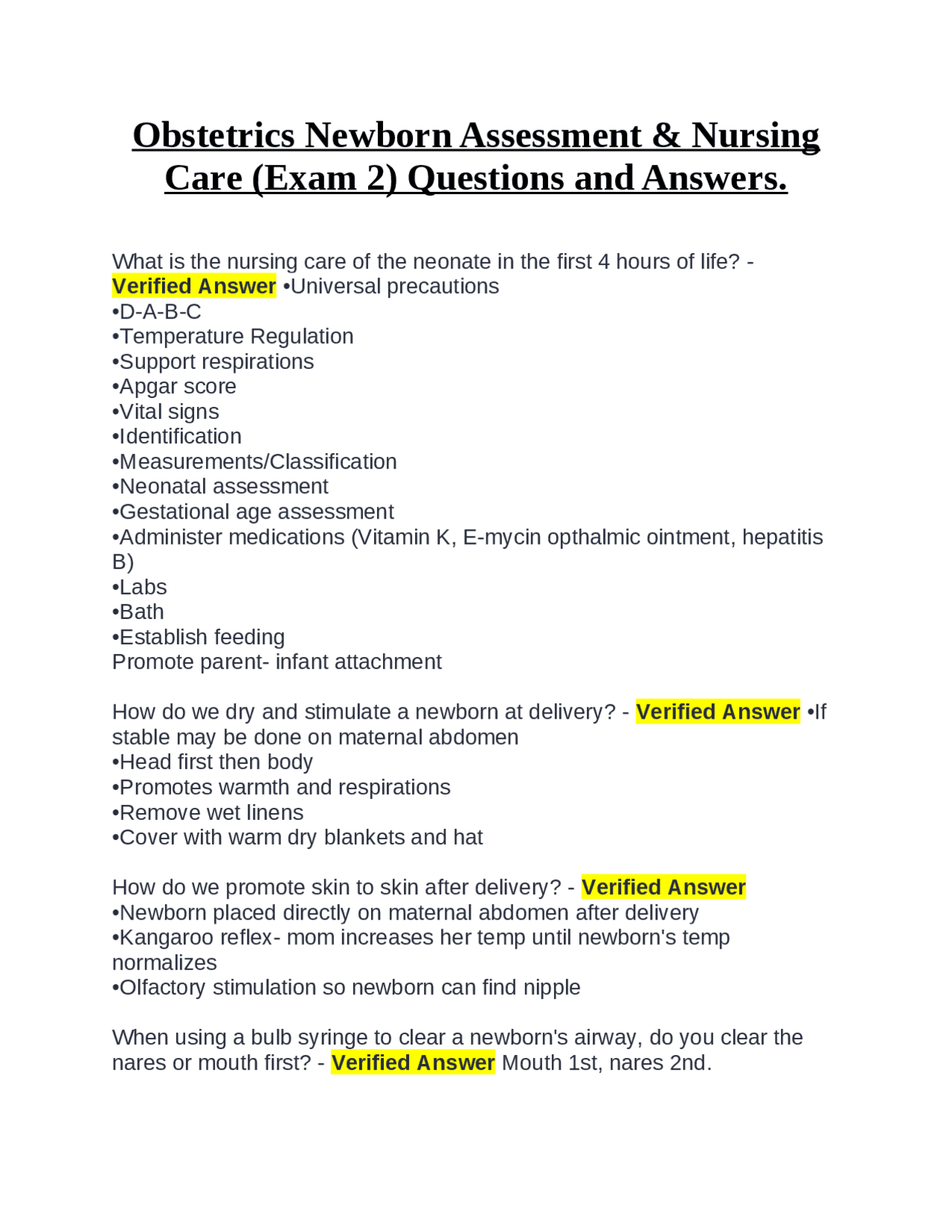 Obstetrics Newborn Assessment & Nursing Care (Exam 2) Questions and Answers. | Exams Obstetrics ...