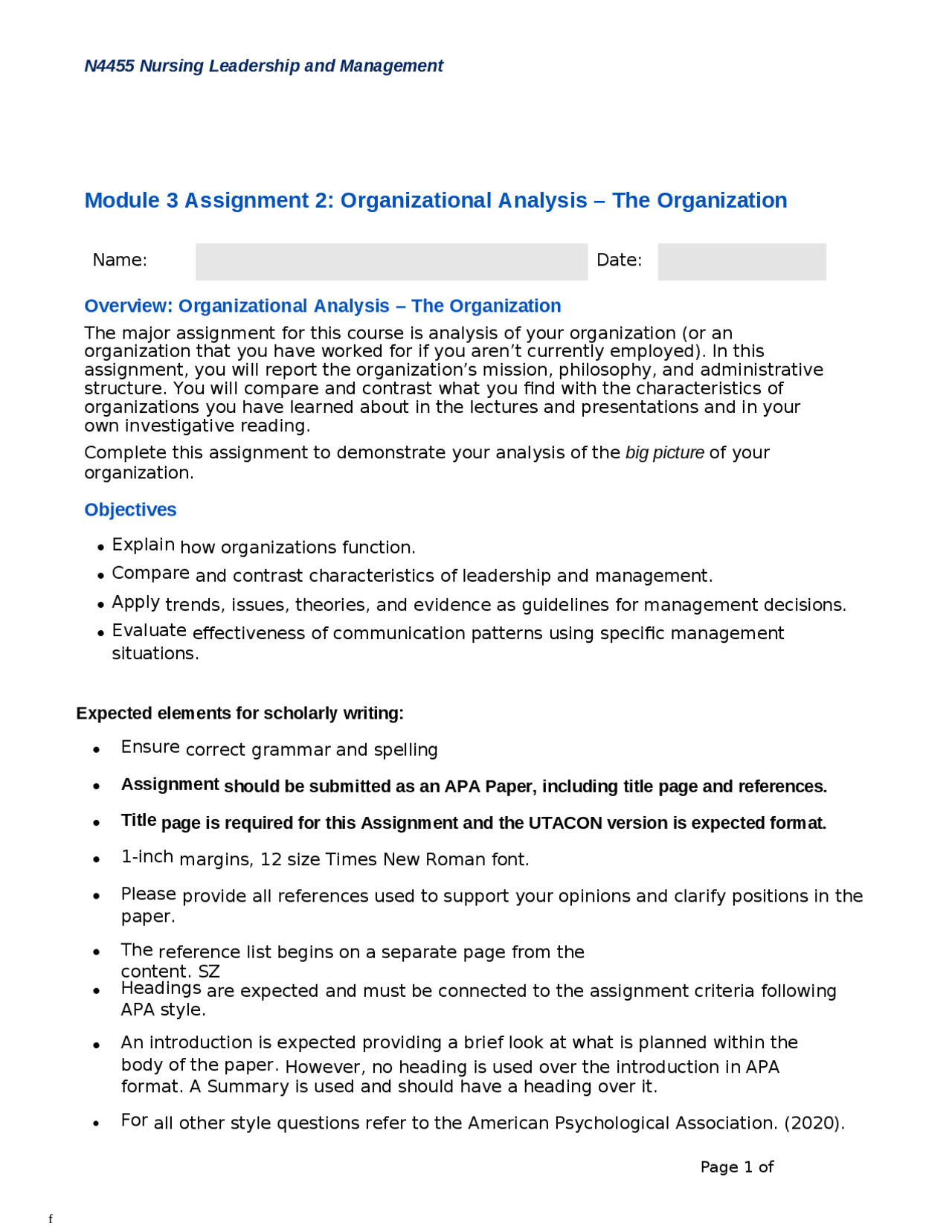 NURS 4455 Module 3 Assignment 2: Organizational Analysis – The Organization | Assignments ...