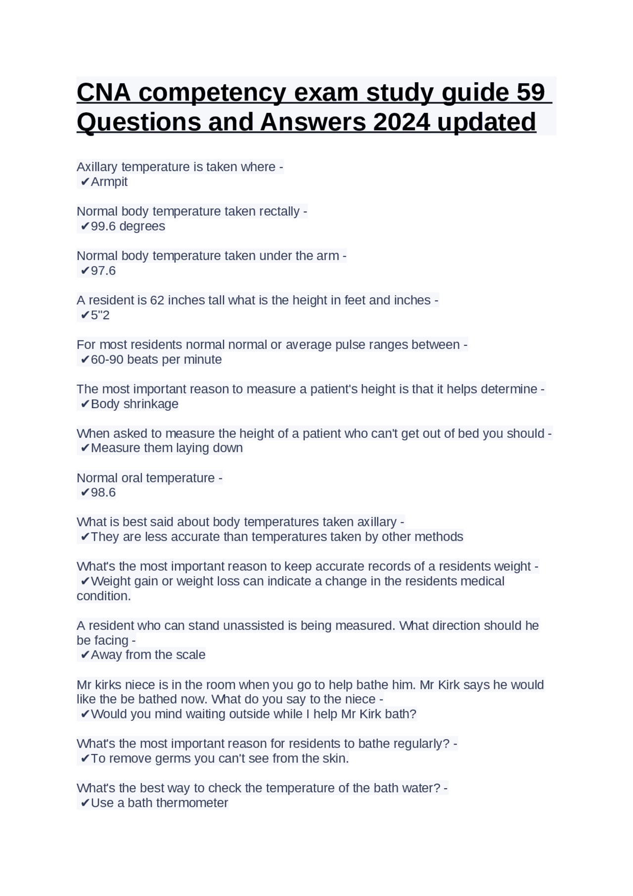competency exam study guide 59 Questions and Answers 2024 updated CNA ...