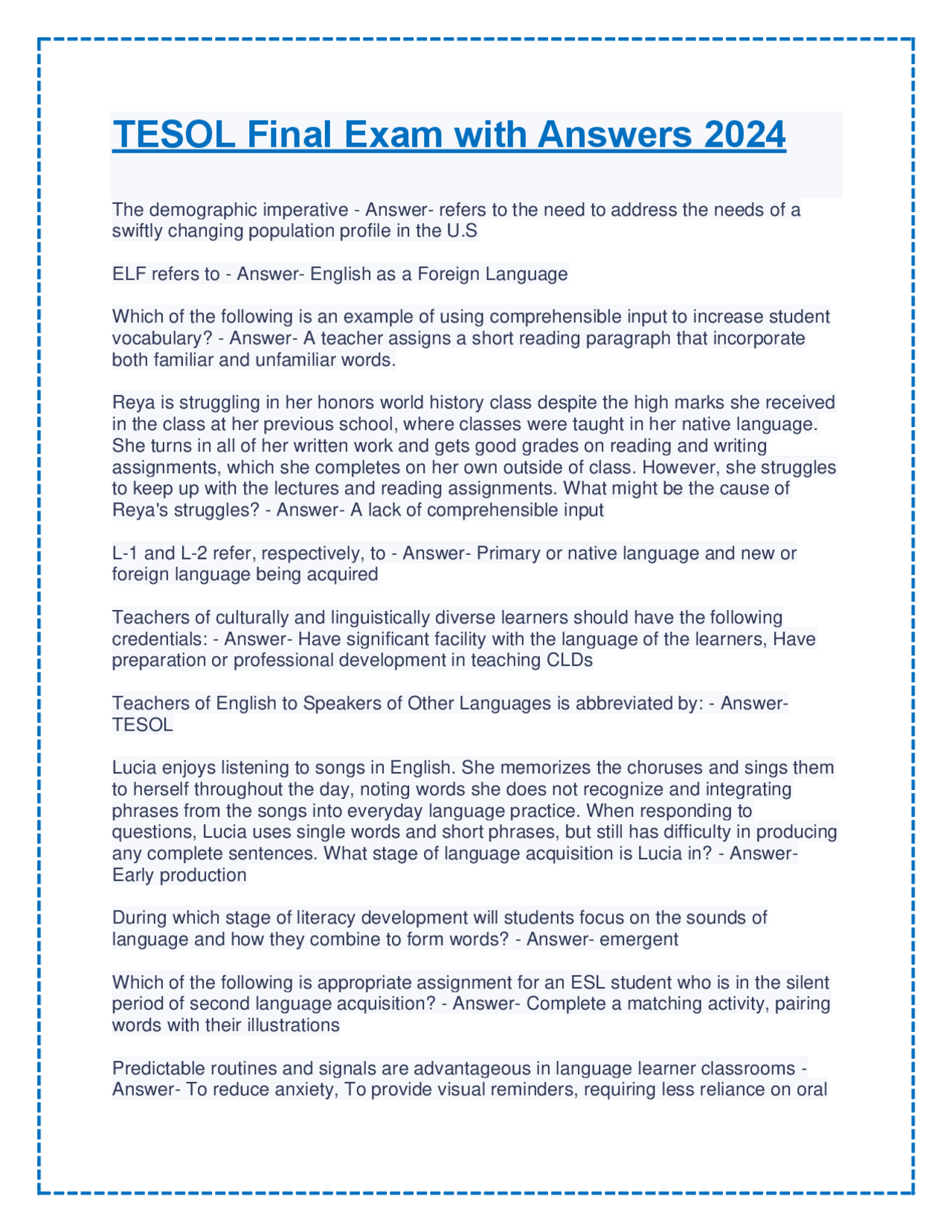 TESOL Final Exam with Answers 2024 | Exams Nursing | Docsity