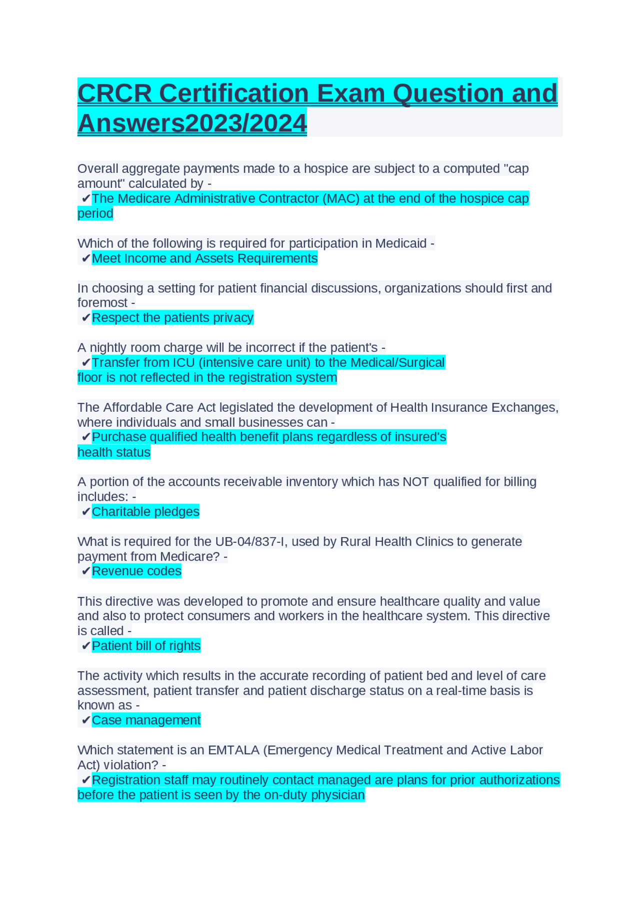 CRCR Exam Questions and Answers 2024 / 2025 (Verified Answers by Expert ...