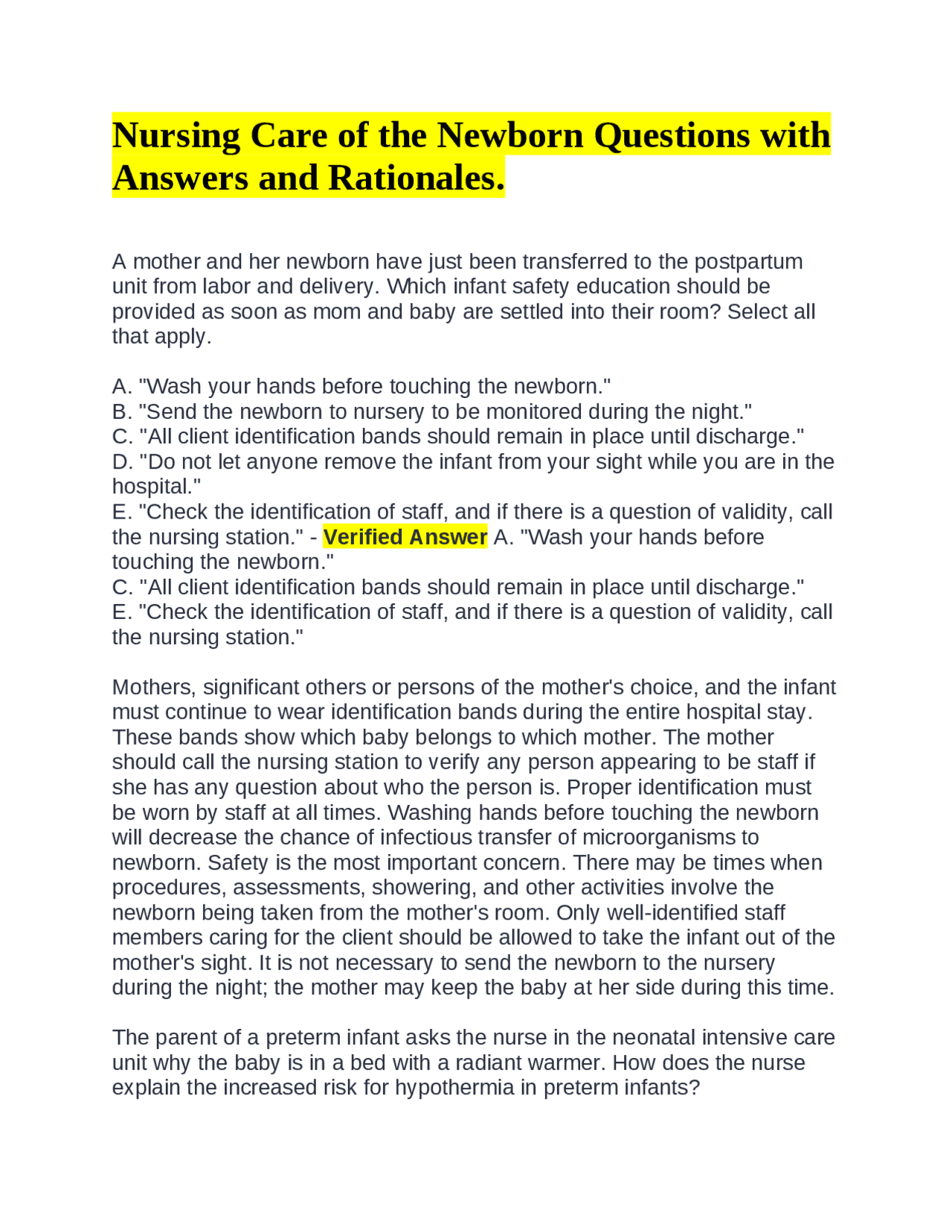 Nursing Care of the Newborn Questions with Answers and Rationales ...