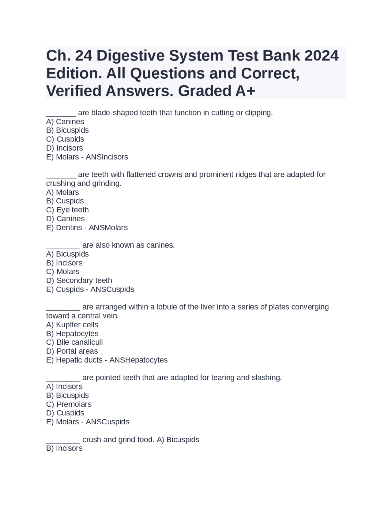 Ch. 24 Digestive System Test Bank 2024 Edition. All Questions and ...
