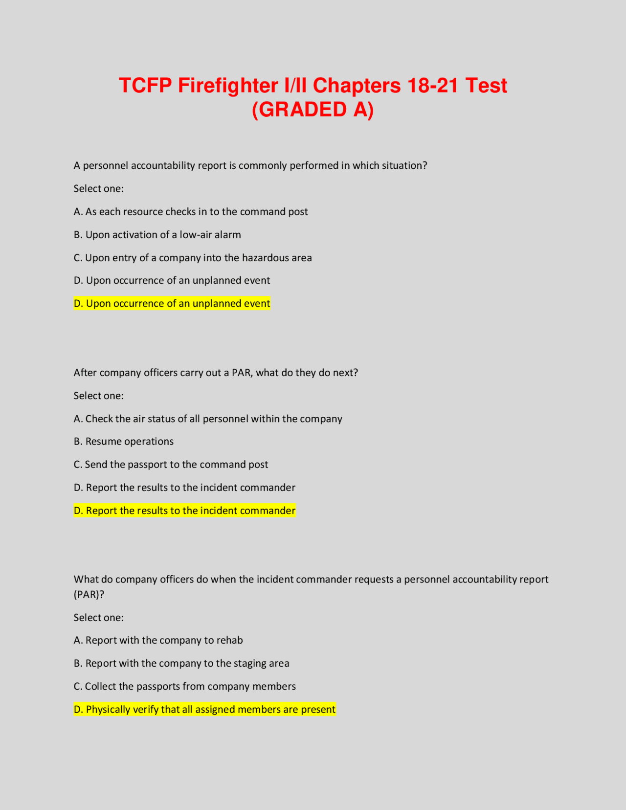 TCFP Firefighter (III) Chapters 18-21 Test (GRADED A) | Exams Safety ...