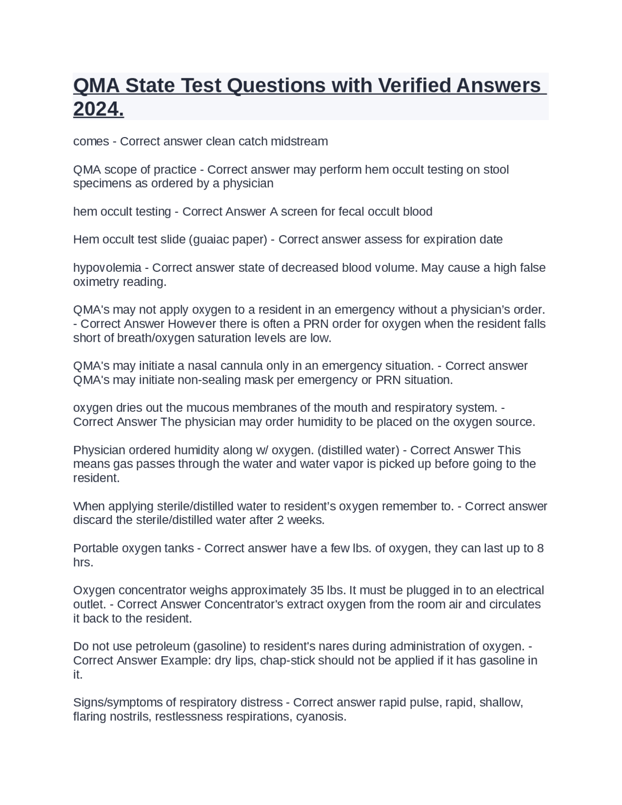 QMA State Test Questions with Verified Answers 2024. | Exams Cardiology ...