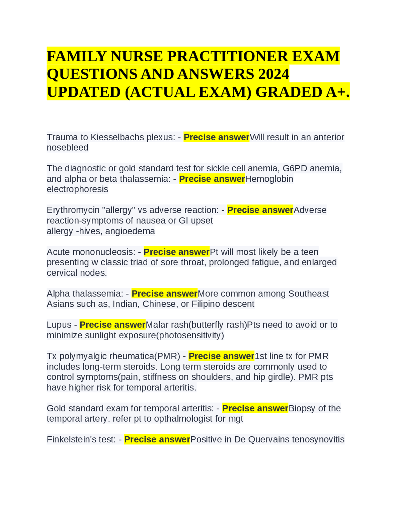 FAMILY NURSE PRACTITIONER EXAM QUESTIONS AND ANSWERS 2024 UPDATED ...