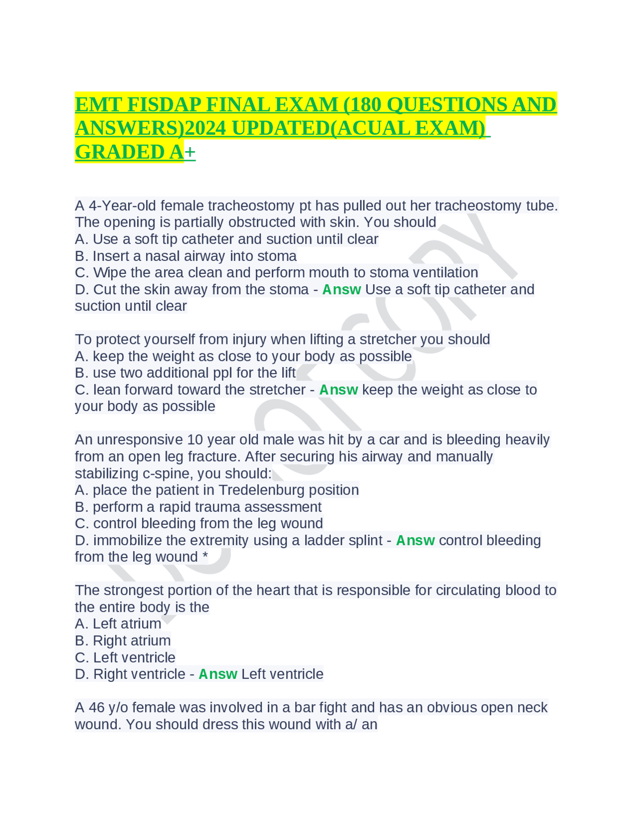 EMT FINAL EXAM (MORE THAN 1200 QUESTIONS WITH ANSWER )2024 UPDATED ...