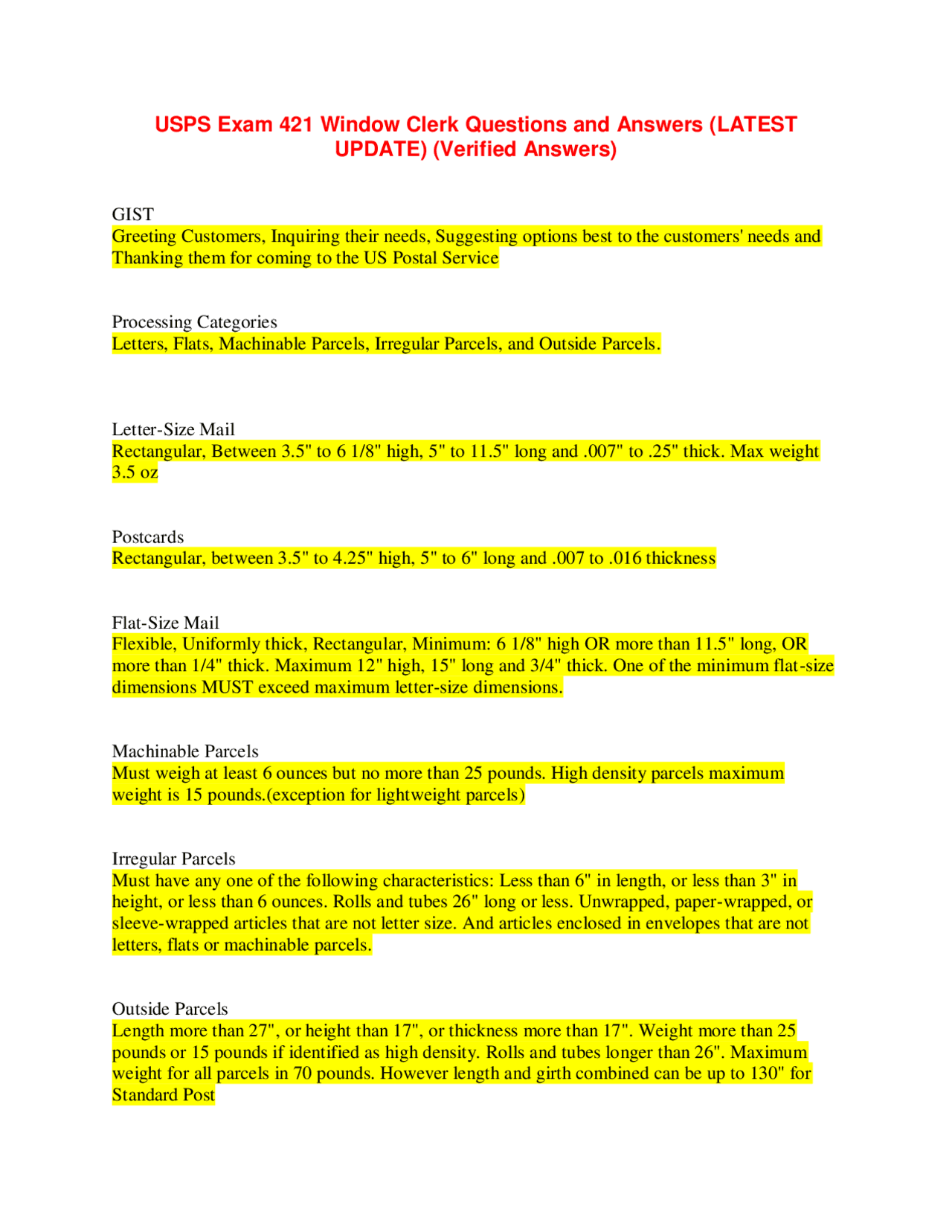 USPS Exam 421 Window Clerk Questions and Answers (LATEST UPDATE ...