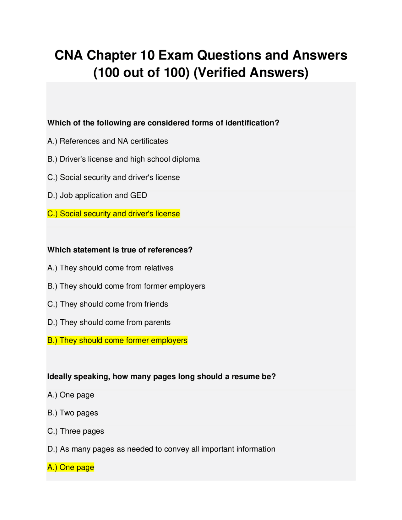 CNA Chapter 10 Exam Questions and Answers (100 out of 100) (Verified ...